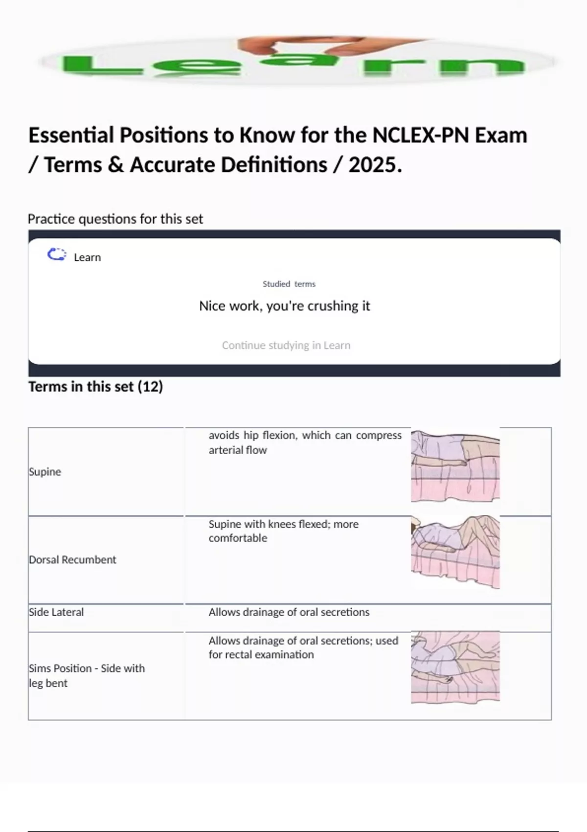 Essential Positions to Know for the NCLEX-PN Exam / Terms & Accurate ...