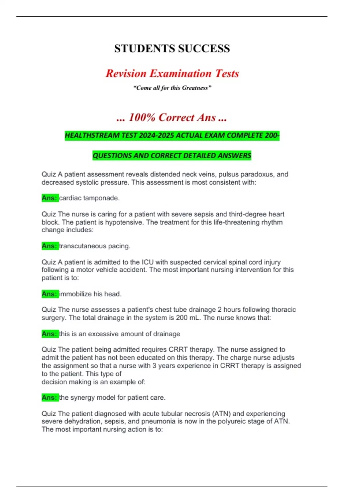 HEALTHSTREAM TEST ACTUAL EXAM COMPLETE 200- QUESTIONS AND CORRECT ...