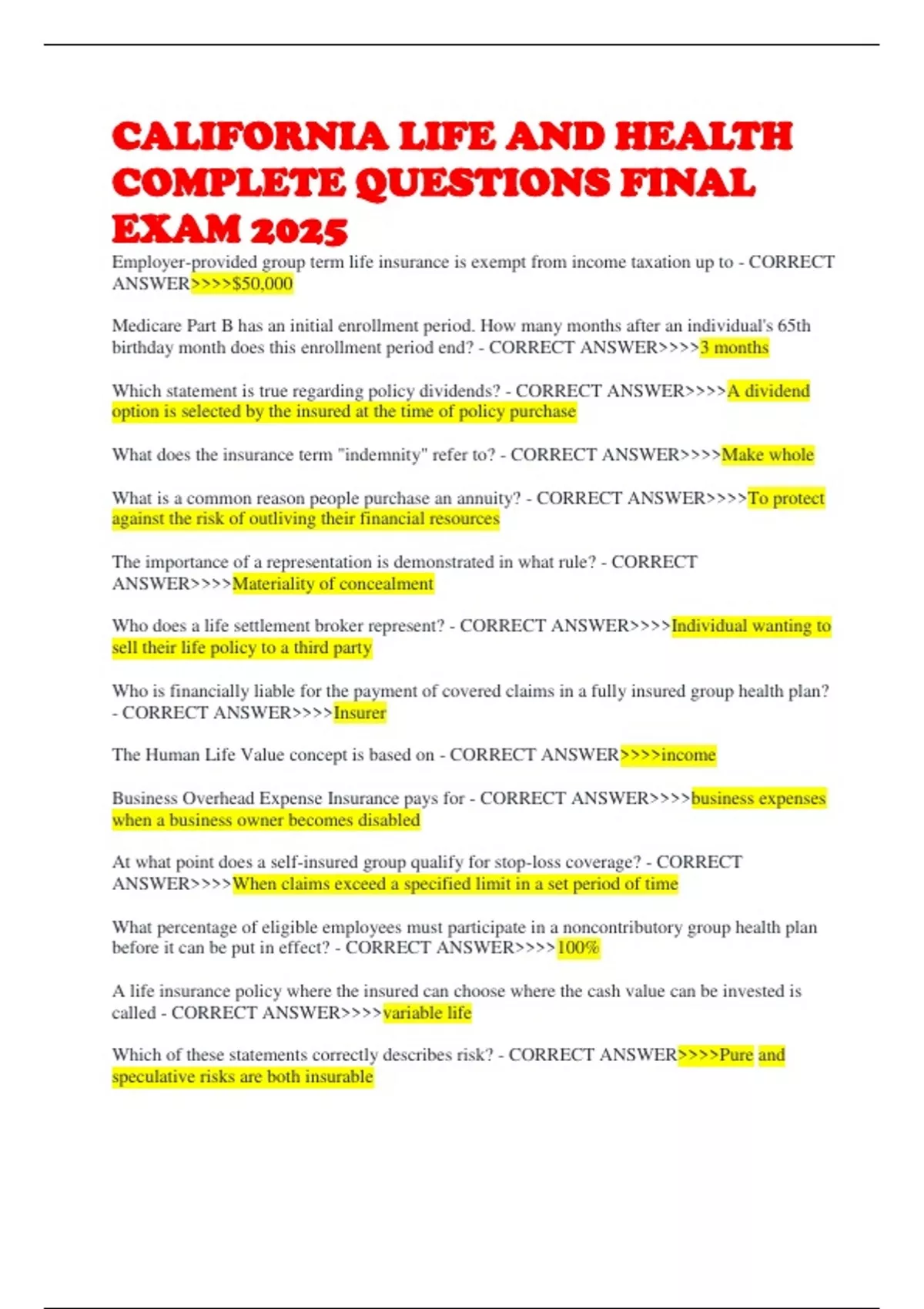 CALIFORNIA LIFE AND HEALTH COMPLETE QUESTIONS FINAL EXAM 2025 ...