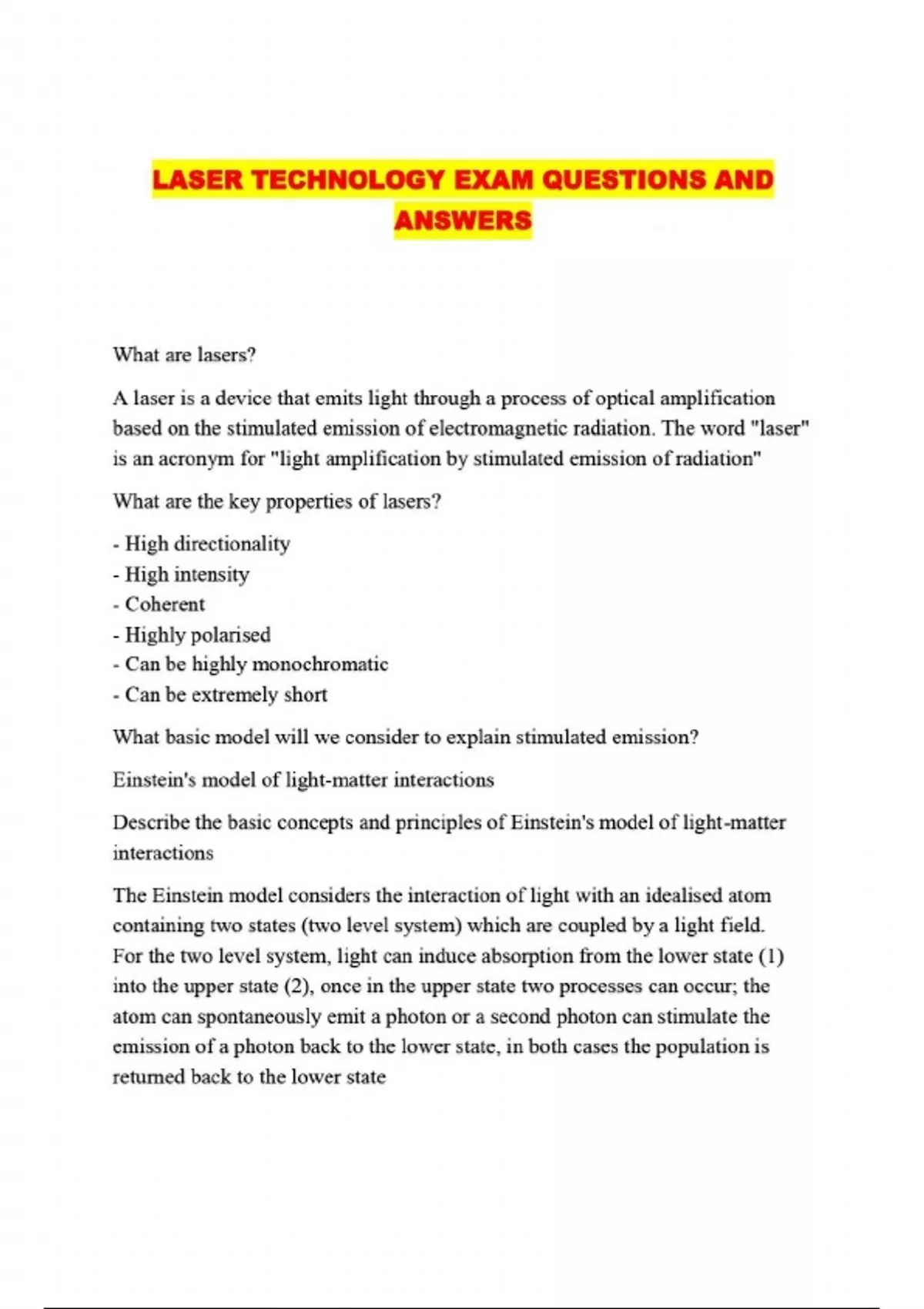 LASER TECHNOLOGY EXAM QUESTIONS AND ANSWERS - LASER TECHNOLOGY - Stuvia US