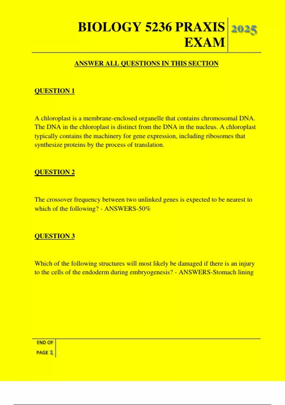 BIOLOGY 5236 PRAXIS EXAM QUESTIONS AND ANSWERS 2025 - BIOLOGY 5236 ...