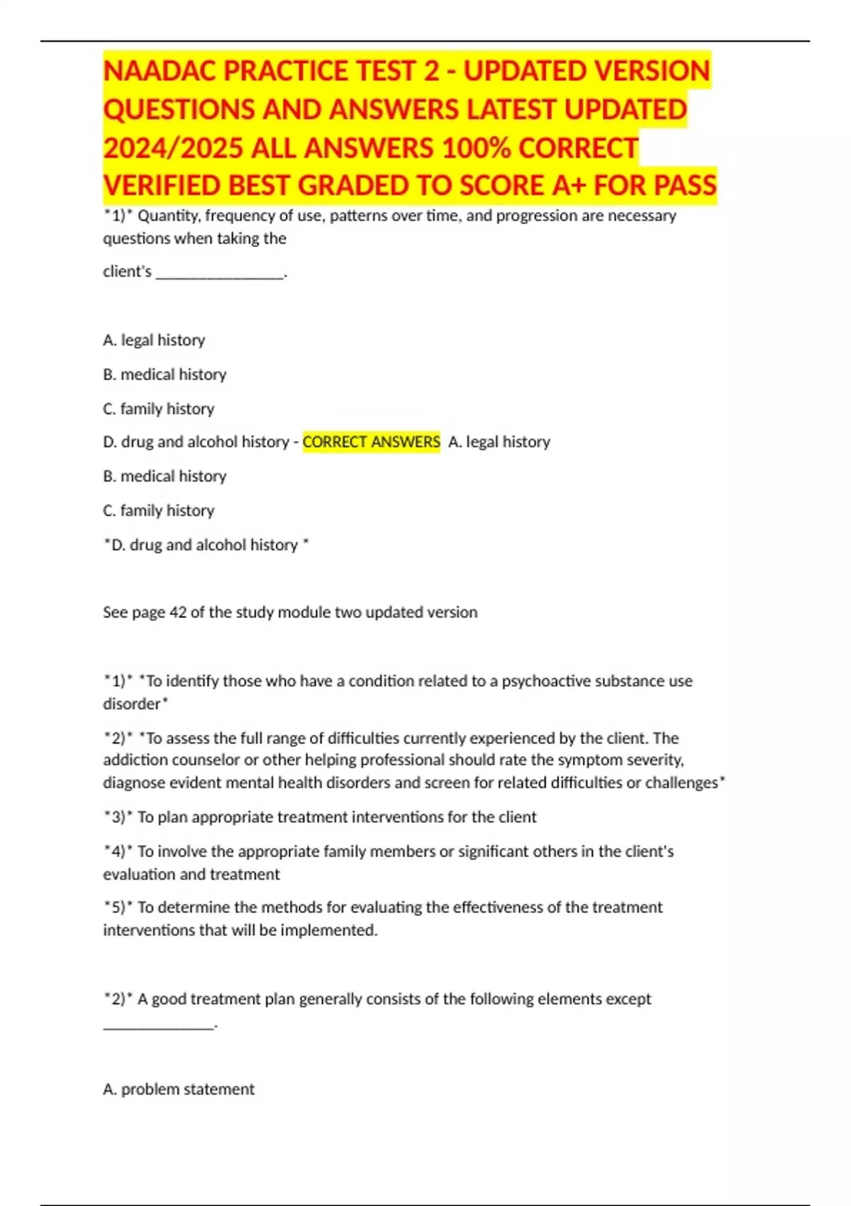 NAADAC PRACTICE TEST 2 - UPDATED VERSION QUESTIONS AND ANSWERS LATEST ...