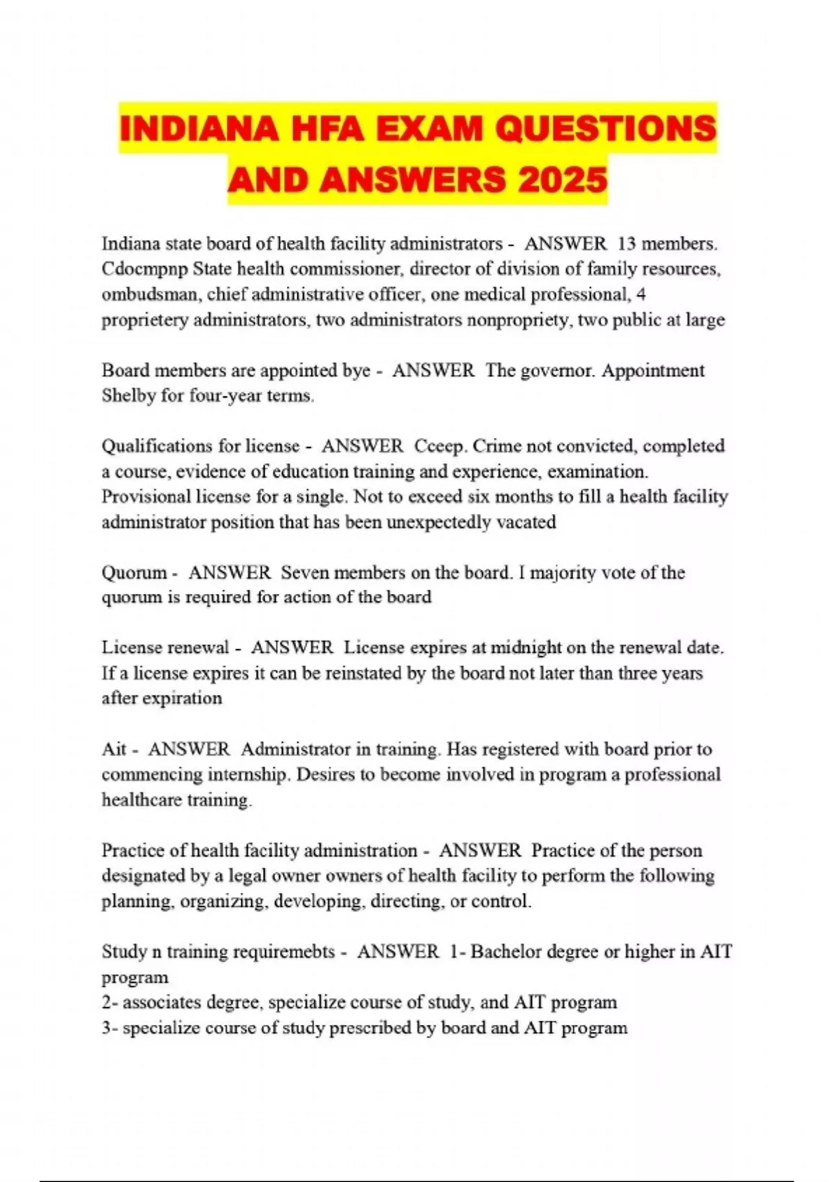 INDIANA HFA EXAM QUESTIONS AND ANSWERS 2025 - INDIANA HFA - Stuvia US