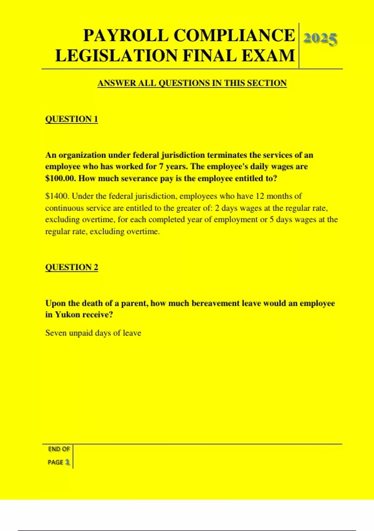PAYROLL COMPLIANCE LEGISLATION FINAL EXAM QUESTIONS AND ANSWERS 2025 ...
