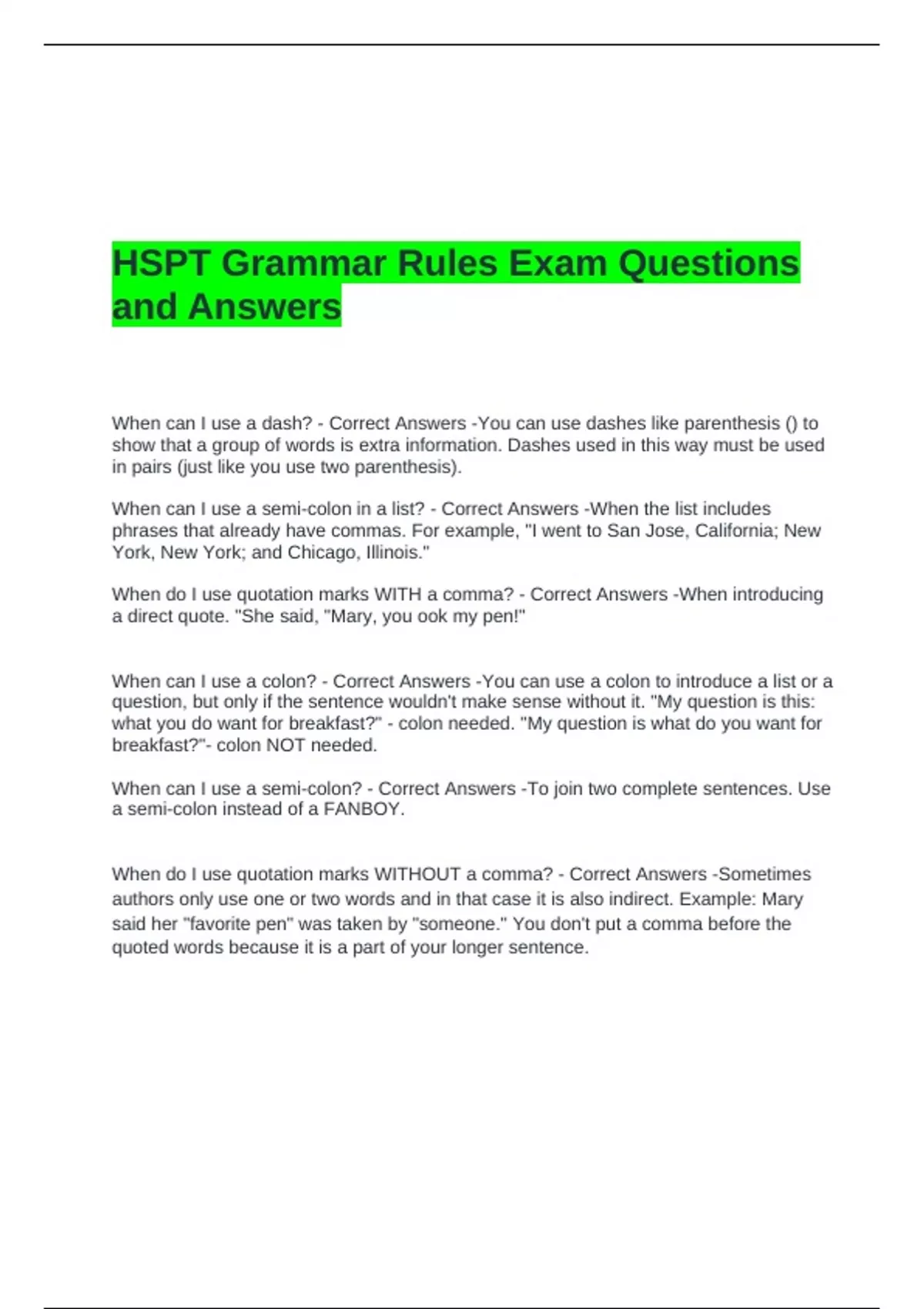 HSPT Grammar Rules Exam Questions and Answers 2025 - HSPT - Stuvia US