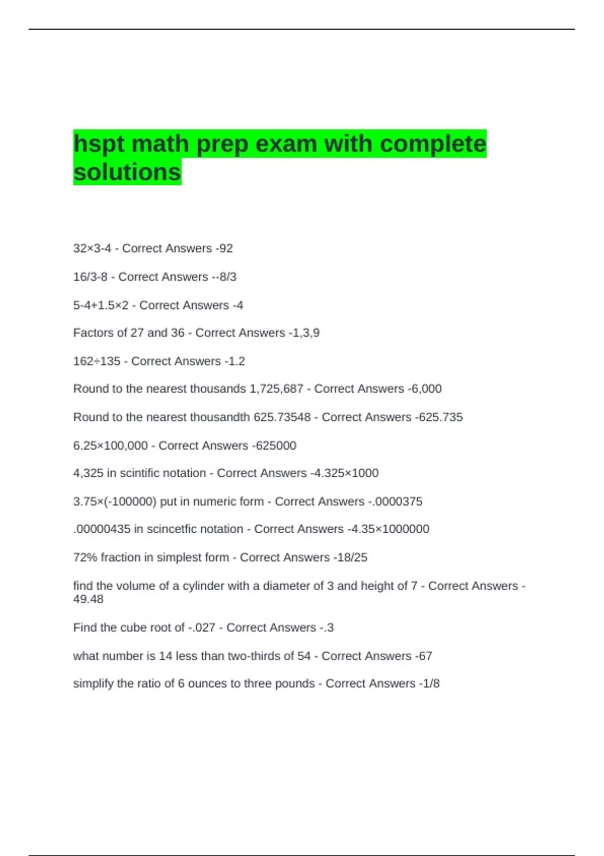 hspt math prep exam with complete solutions - HSPT - Stuvia US