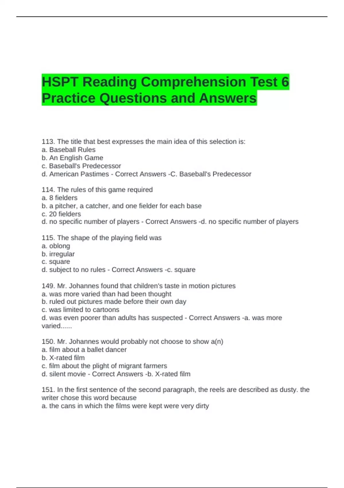 HSPT Reading Comprehension Test 6 Practice Questions and Answers 2025 ...