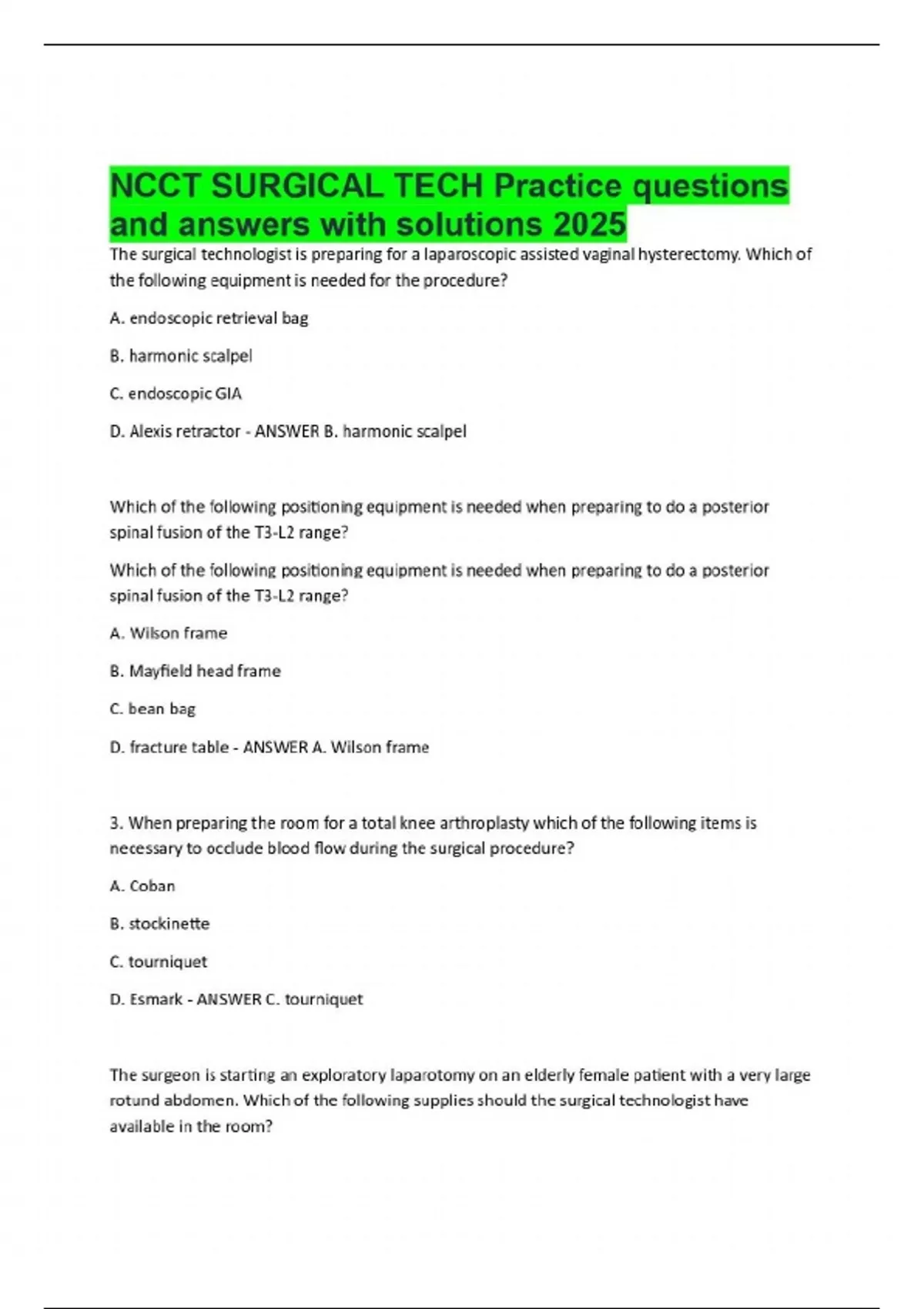 NCCT SURGICAL TECH Practice questions and answers with solutions 2025 - Surgical tech - Stuvia US