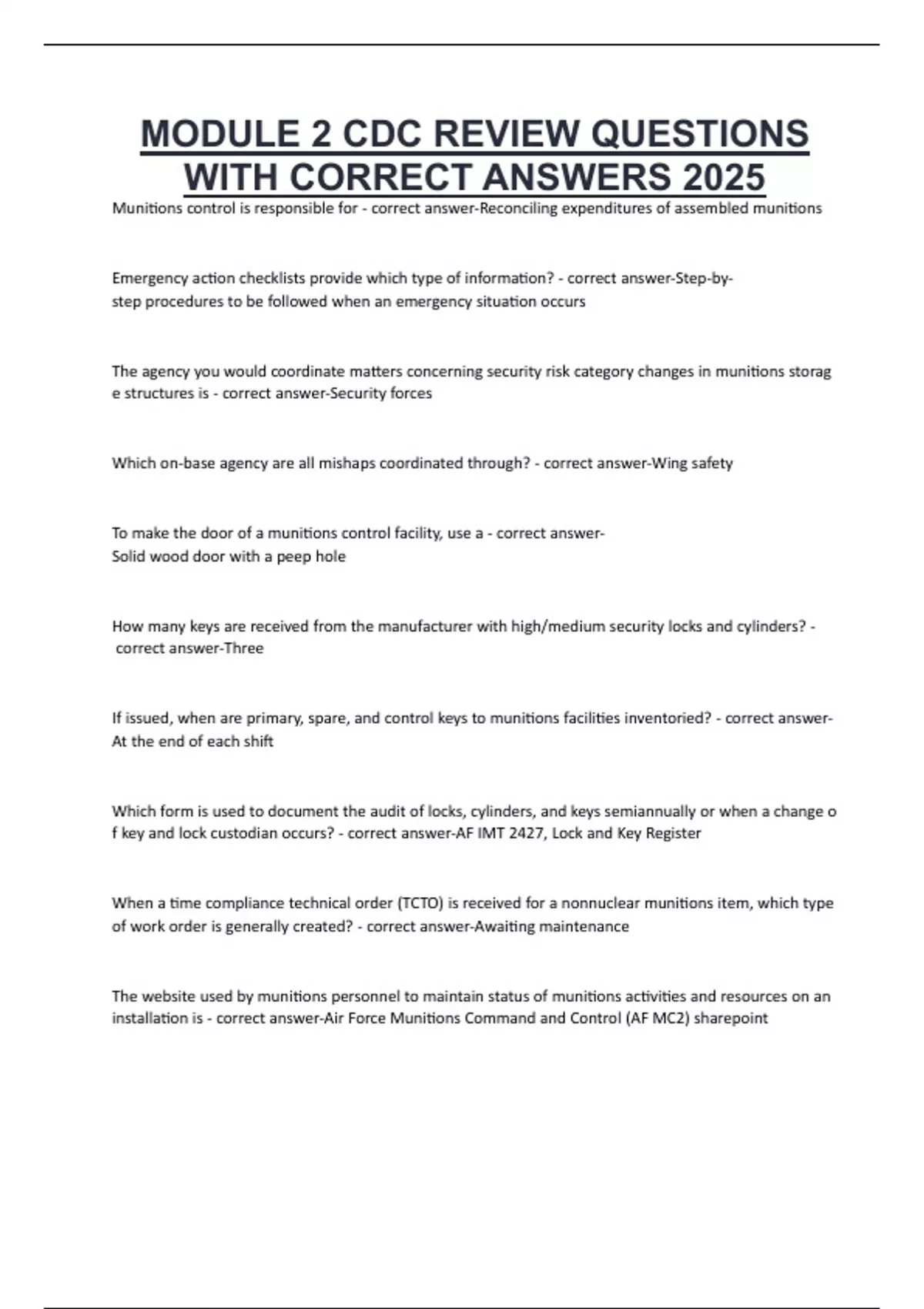 MODULE 2 CDC REVIEW QUESTIONS WITH CORRECT ANSWERS 2025 - Ammo Cdc ...