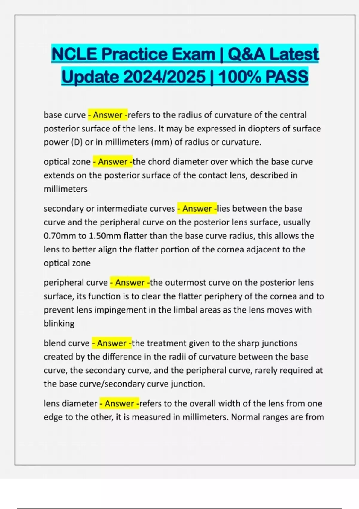 NCLE Practice Exam | Q&A Latest Update 2024/2025 | 100% PASS - Ncle ...