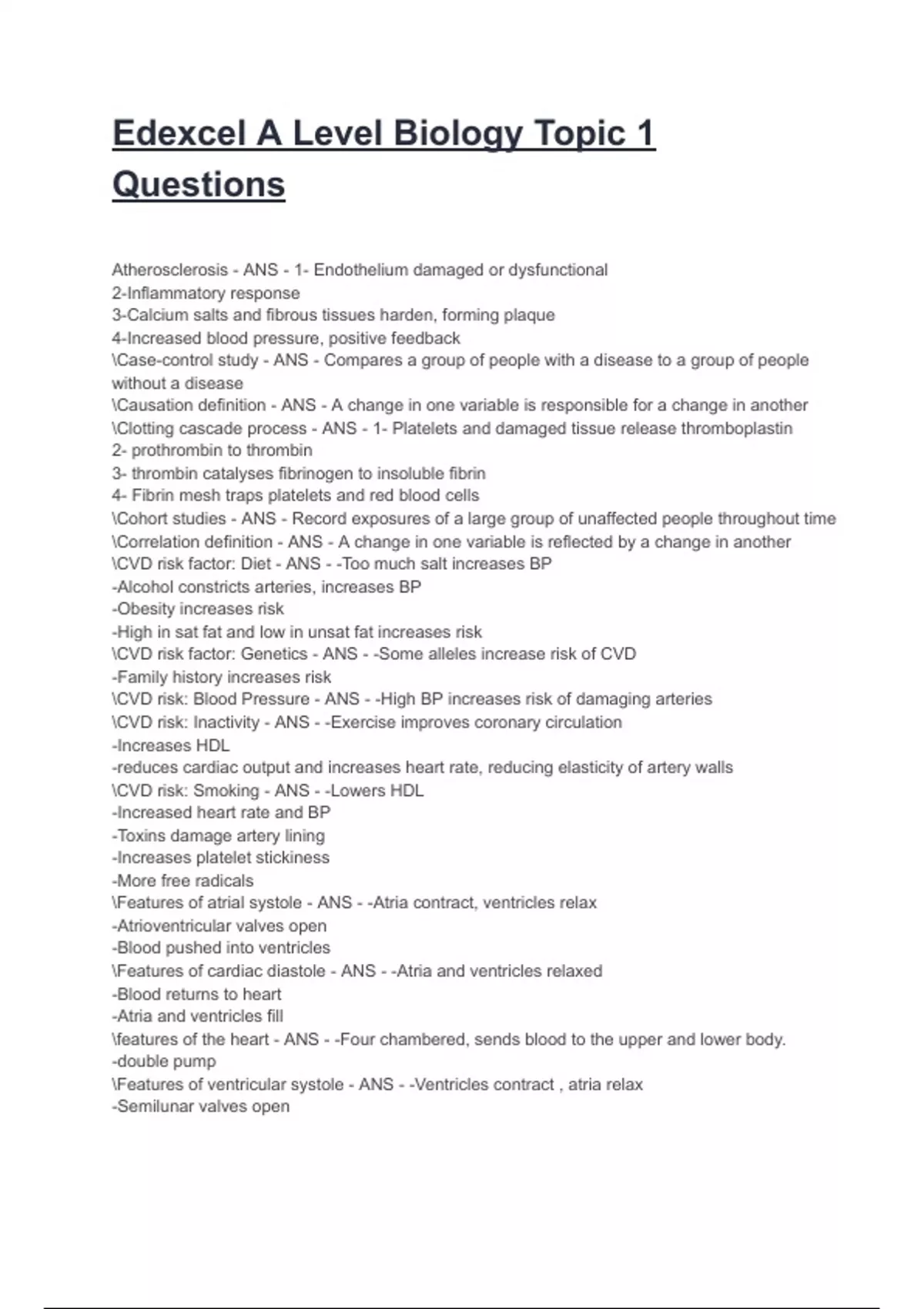 Summary Edexcel A Level Biology Topic 1 Exam 2024/2025 Questions With ...