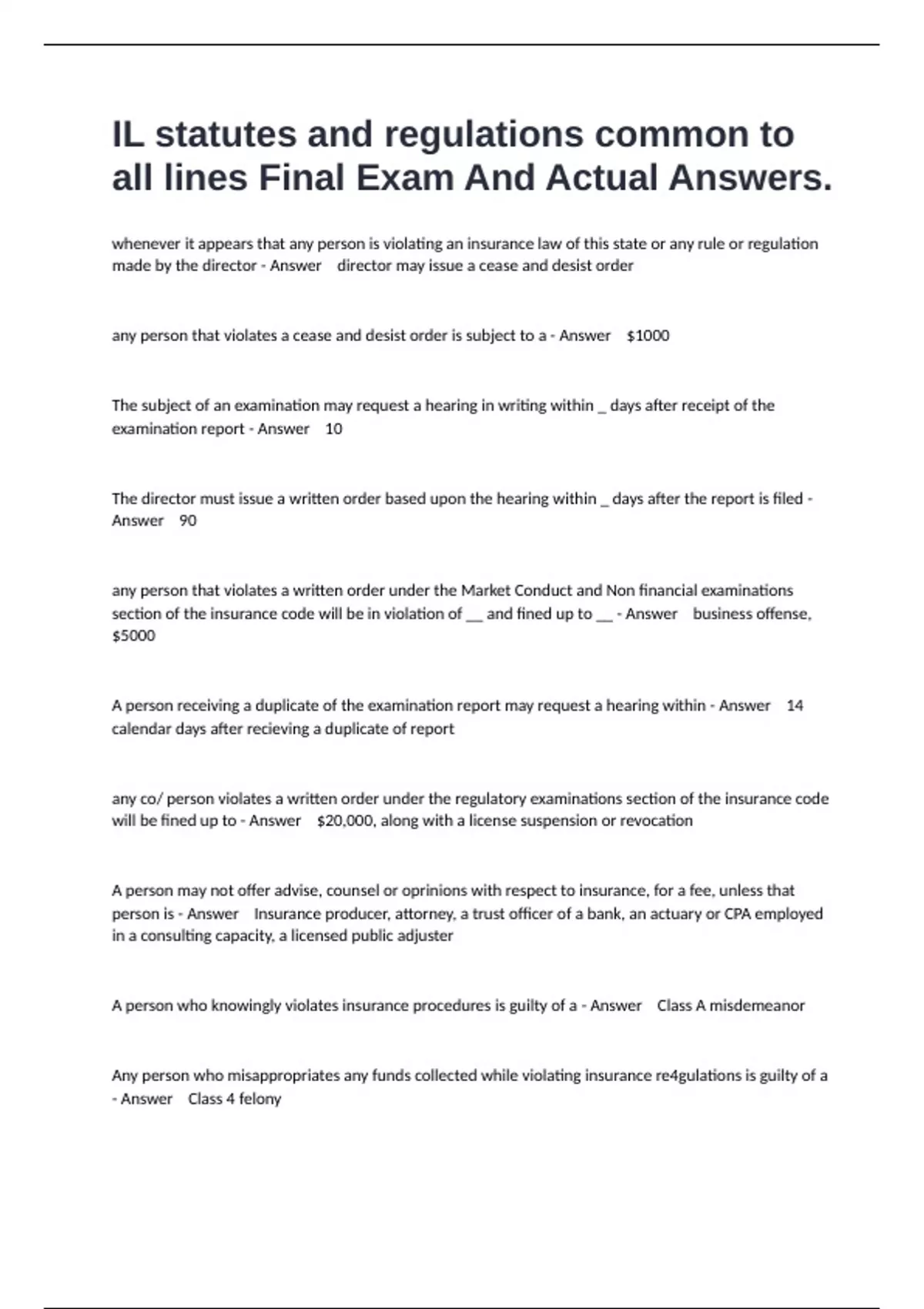 IL statutes and regulations common to all lines Final Exam And Actual ...