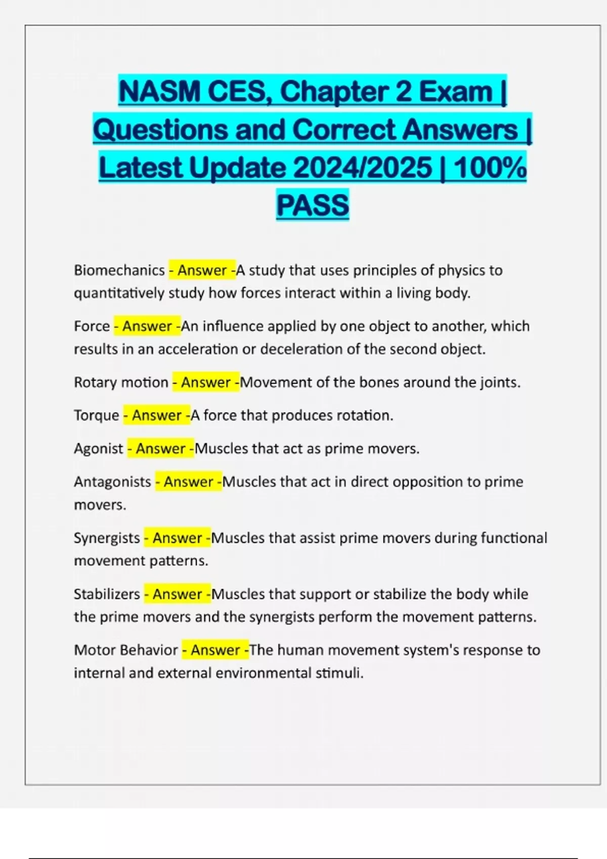 NASM CES, Chapter 2 Exam | Questions and Correct Answers | Latest ...