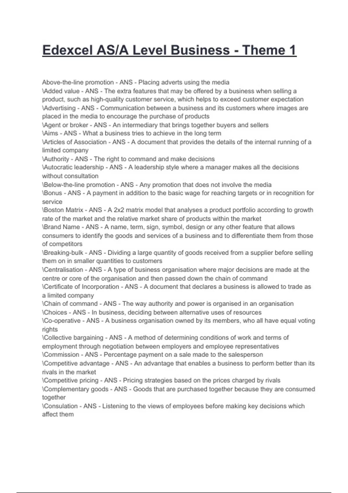 Summary Edexcel AS/A Level Business - Theme 1 Exam 2025/2026 Questions With Completed & Verified ...