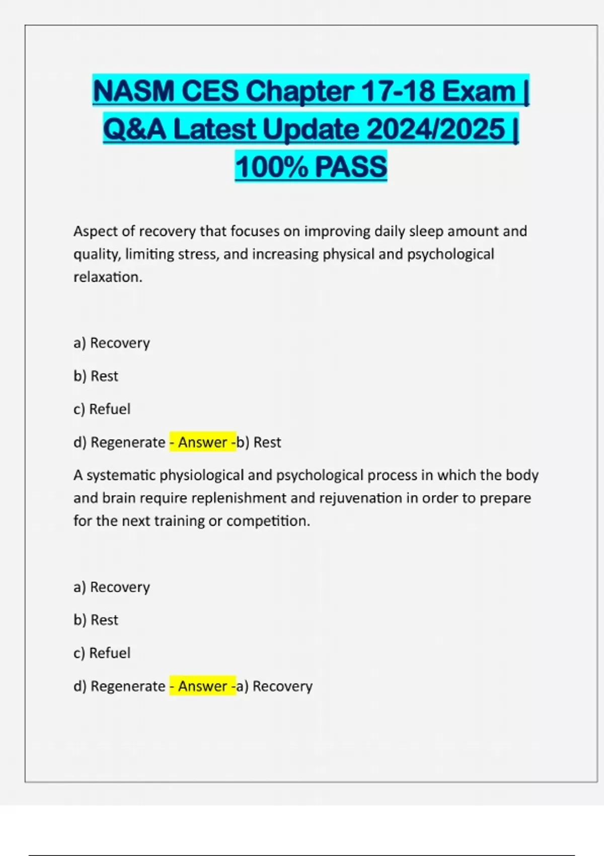 NASM CES Chapter 17-18 Exam | Q&A Latest Update 2024/2025 | 100% PASS ...