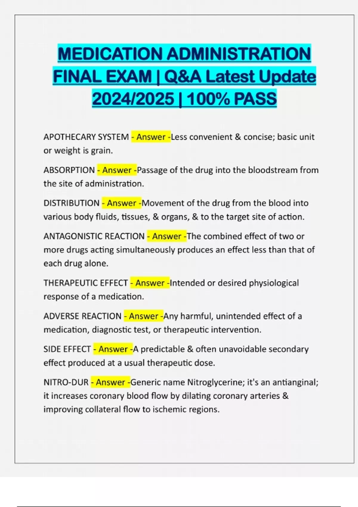 MEDICATION ADMINISTRATION FINAL EXAM | Q&A Latest Update 2024/2025 ...