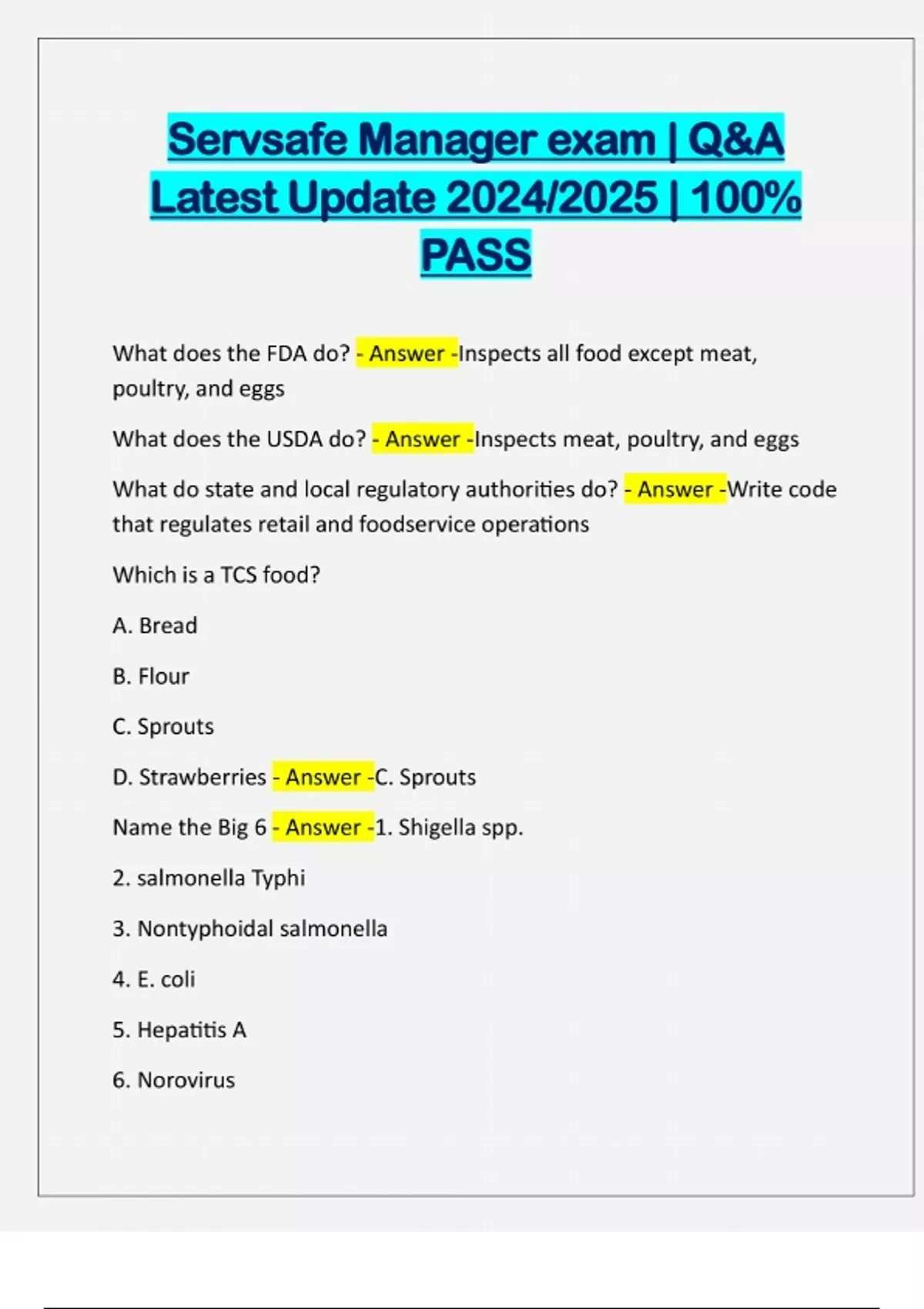 Servsafe Manager exam | Q&A Latest Update 2024/2025 | 100% PASS ...