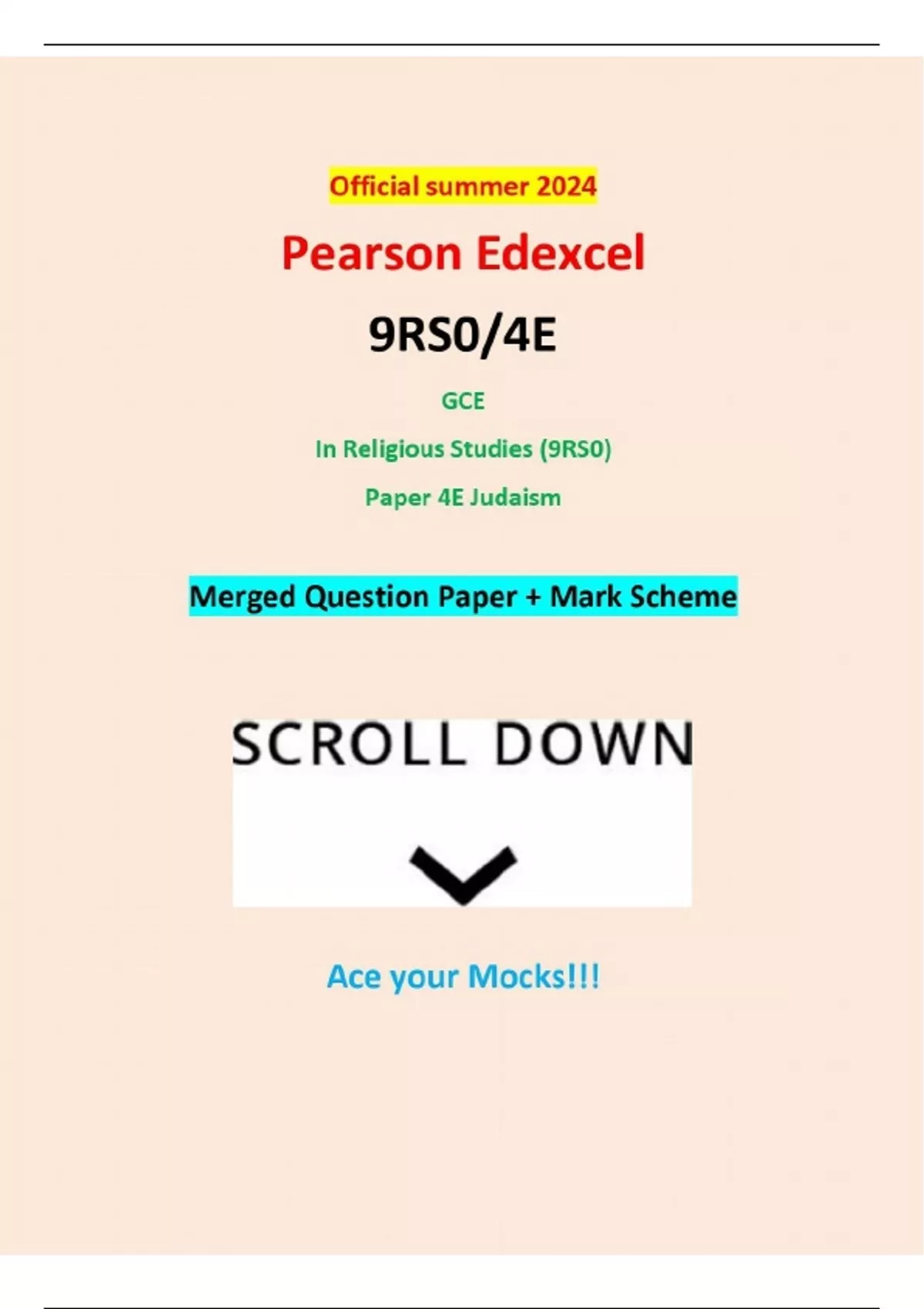 Official summer 2024 Pearson Edexcel 9RS0/4E GCE In Religious Studies ...