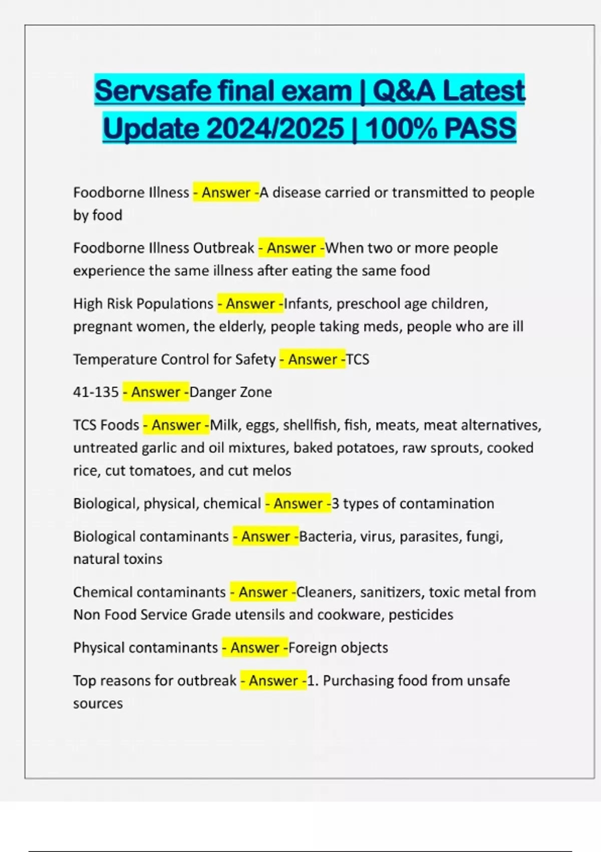 Servsafe final exam | Q&A Latest Update 2024/2025 | 100% PASS ...
