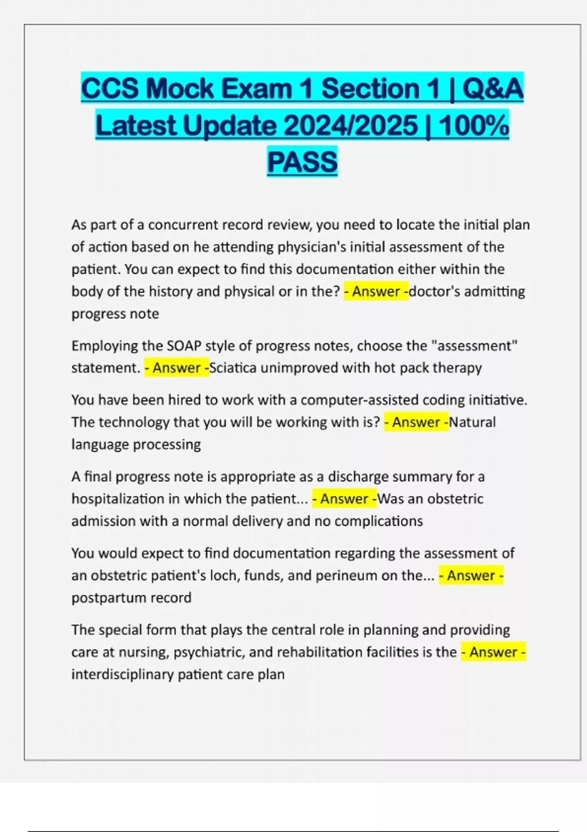CCS Mock Exam 1 Section 1 | Q&A Latest Update 2024/2025 | 100% PASS ...