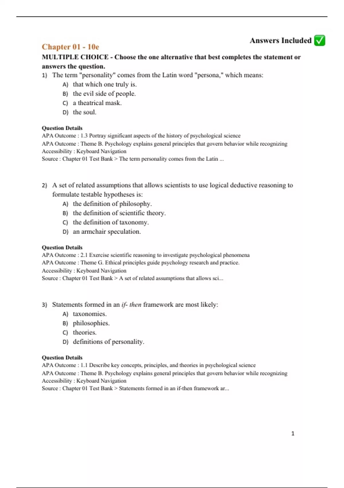 Test Bank for Theories of Personality, 10th Edition by Jess Feist ...
