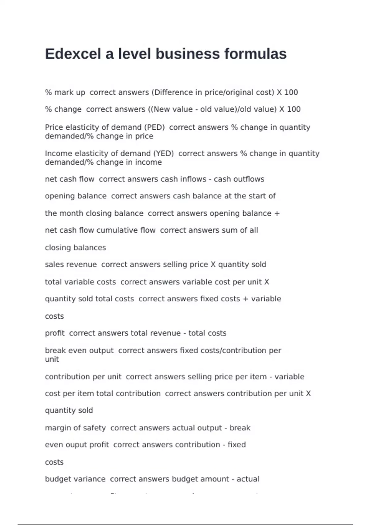 Edexcel a level business formulas EXAM WITH CORRECT ANSWERS GRADED A+ ...
