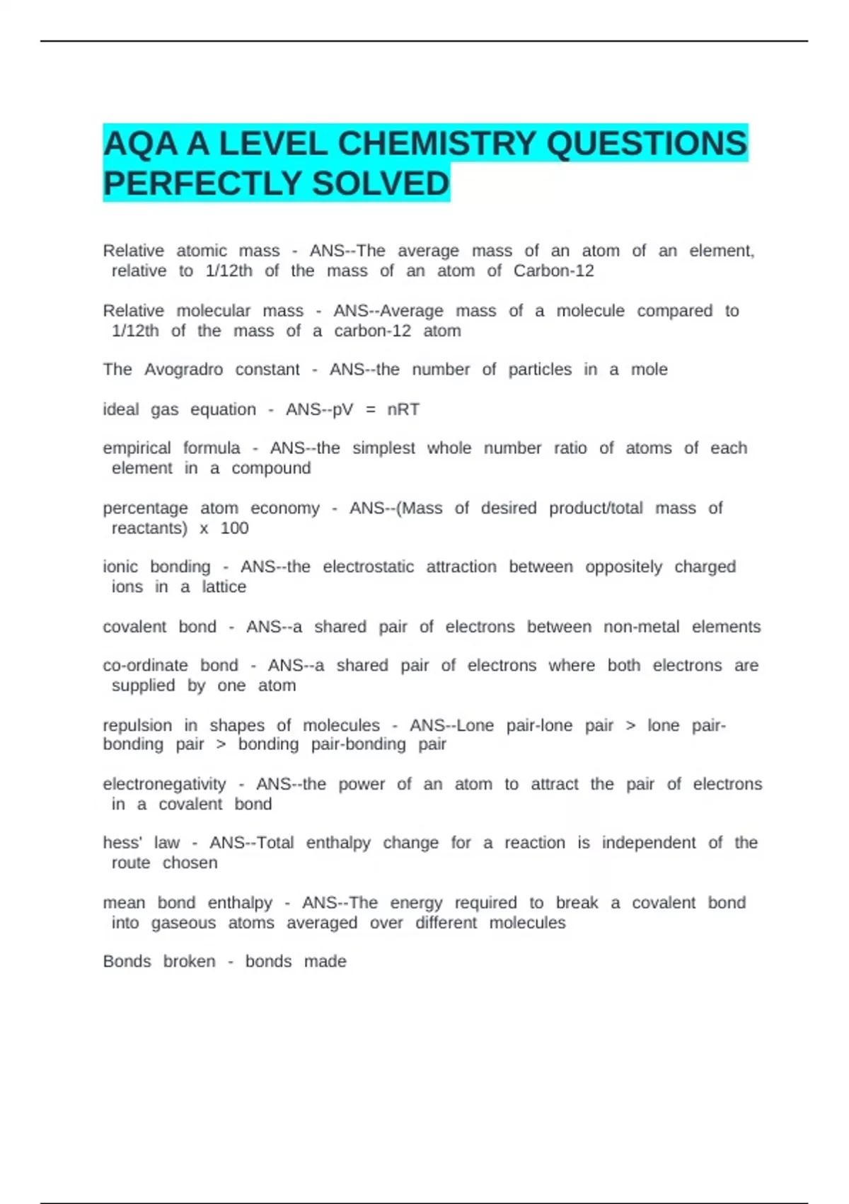 AQA A LEVEL CHEMISTRY QUESTIONS PERFECTLY SOLVED - AQA - Stuvia US