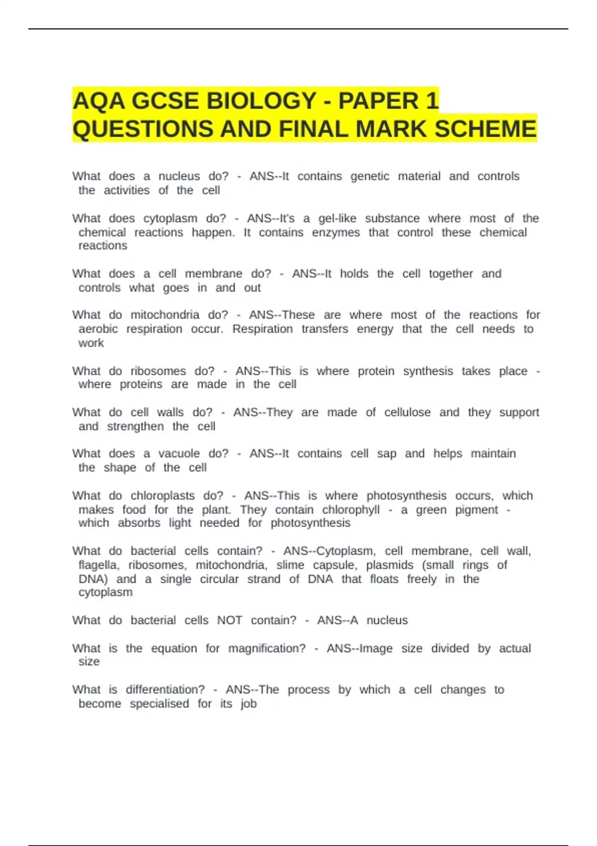 AQA GCSE BIOLOGY QUESTIONS WITH 100% CORRECT ANSWERS - AQA - Stuvia US