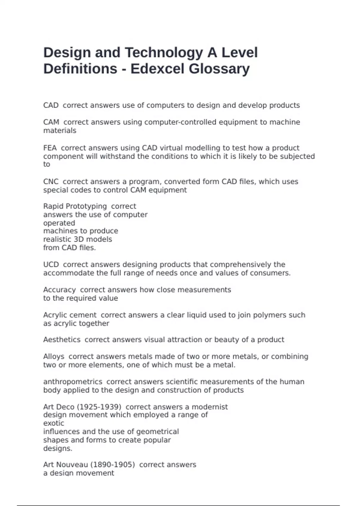 Design and Technology A Level Definitions - Edexcel Glossary exam with ...