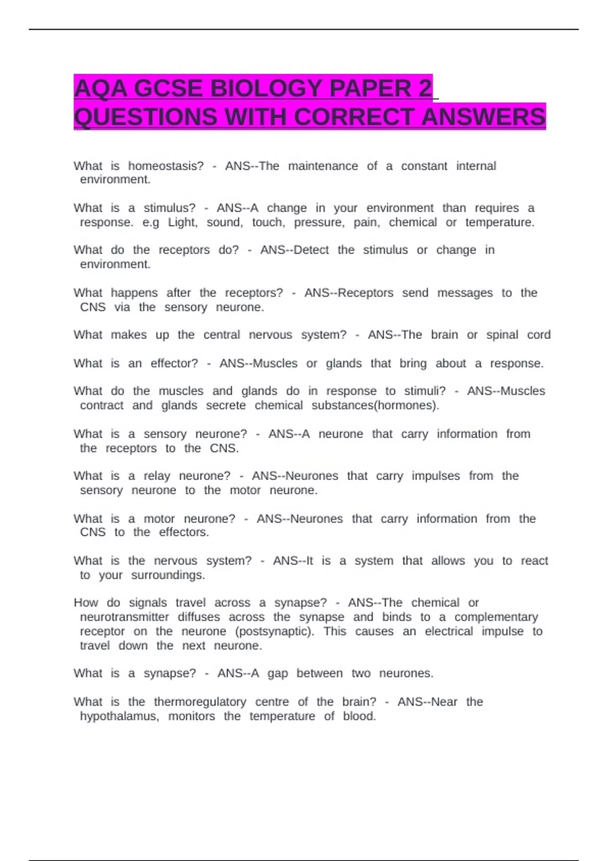 AQA GCSE BIOLOGY PAPER 2 QUESTIONS WITH CORRECT ANSWERS - AQA - Stuvia US
