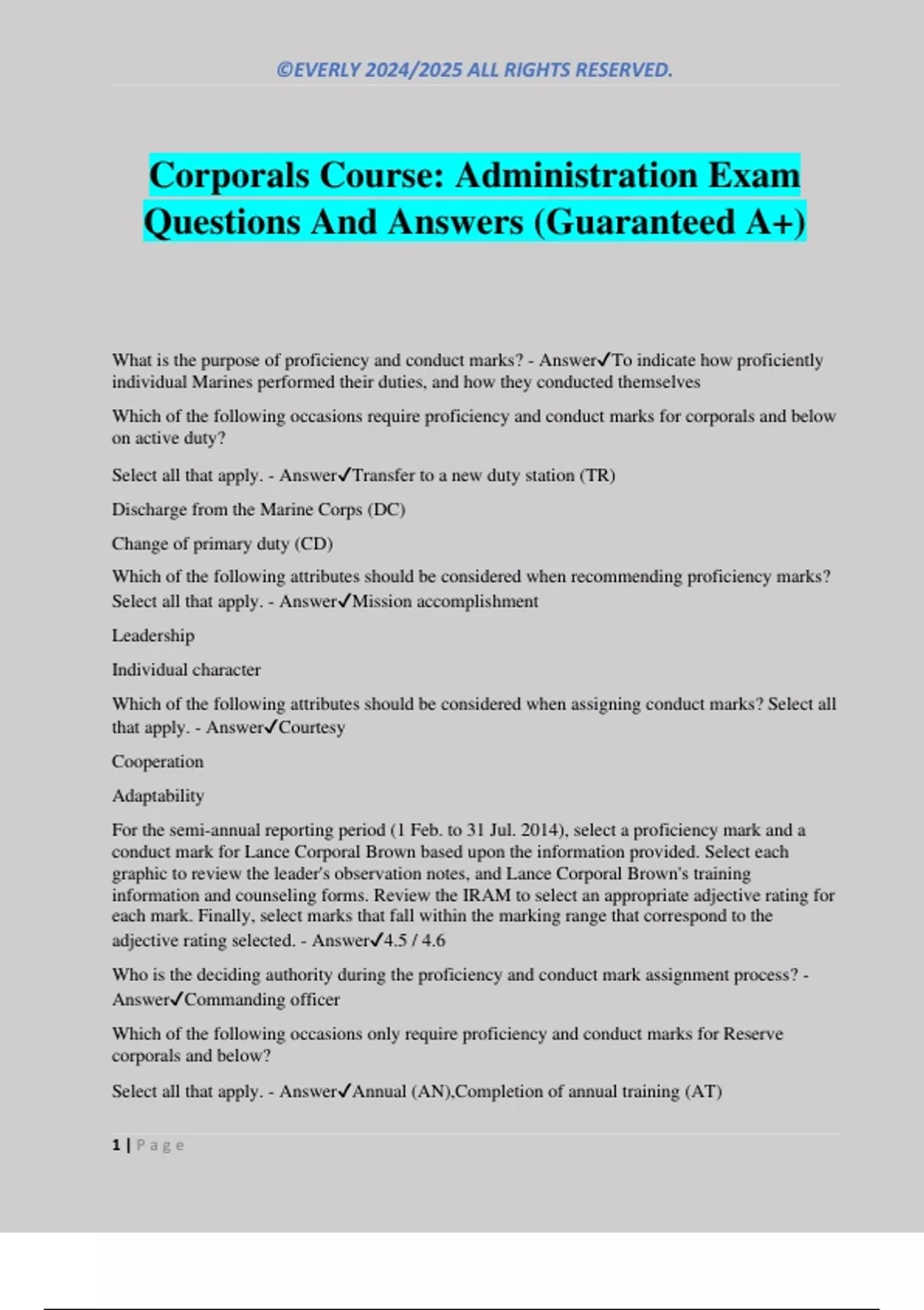 Corporals Course Administration Exam Questions And Answers Guaranteed A Corporals Course