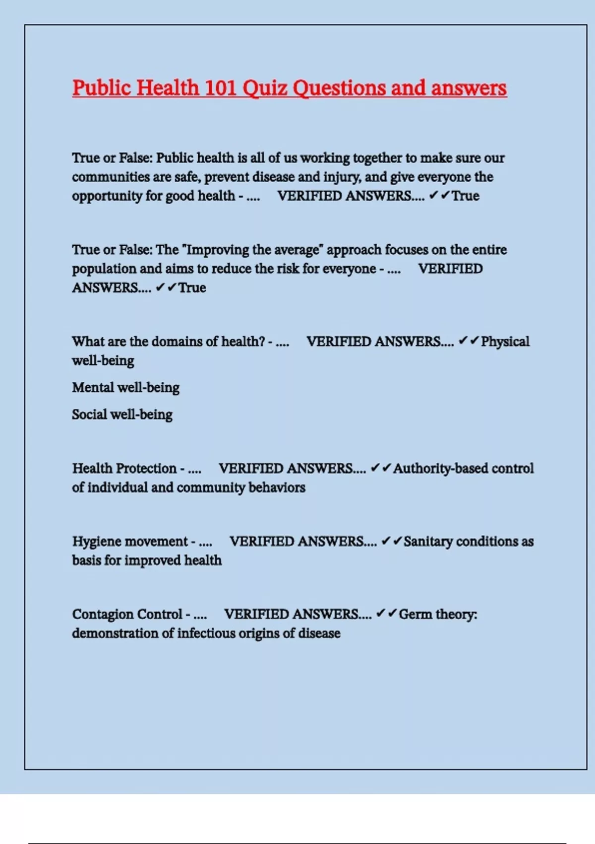 Public Health 101 Quiz Questions and answers. - Public health 101 ...