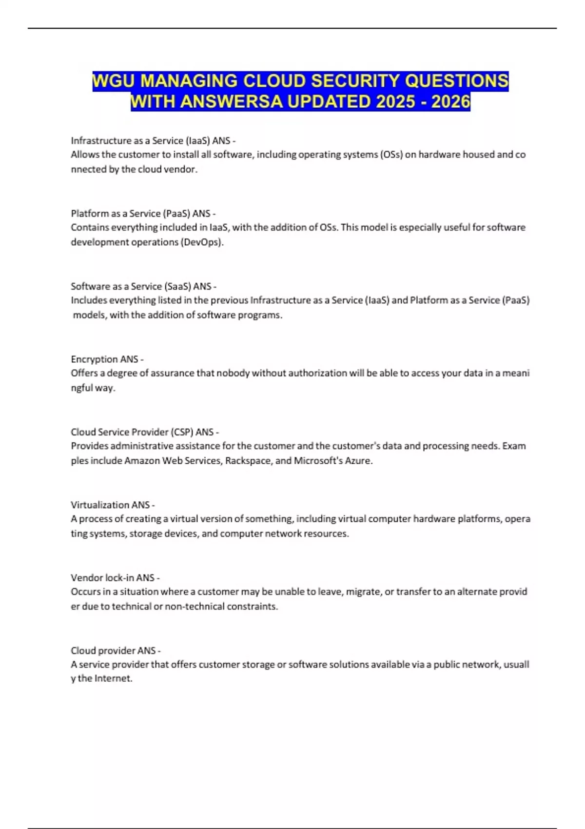 WGU MANAGING CLOUD SECURITY QUESTIONS WITH ANSWERSA UPDATED 2025 - WGU ...