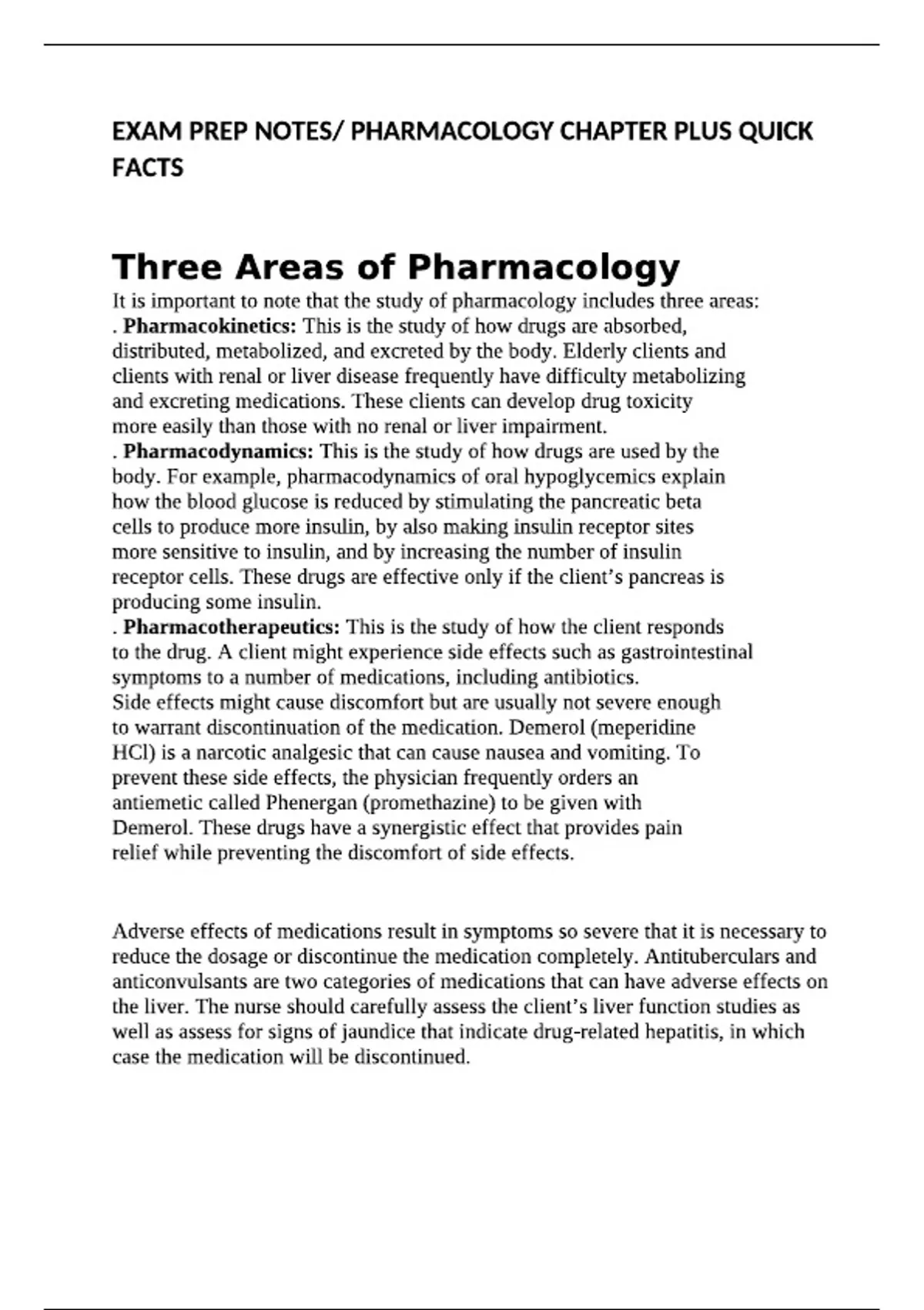EXAM PREP NOTES - PHARMACOLOGY CHAPTER PLUS QUICK FACTS (Latest 2024/ ...