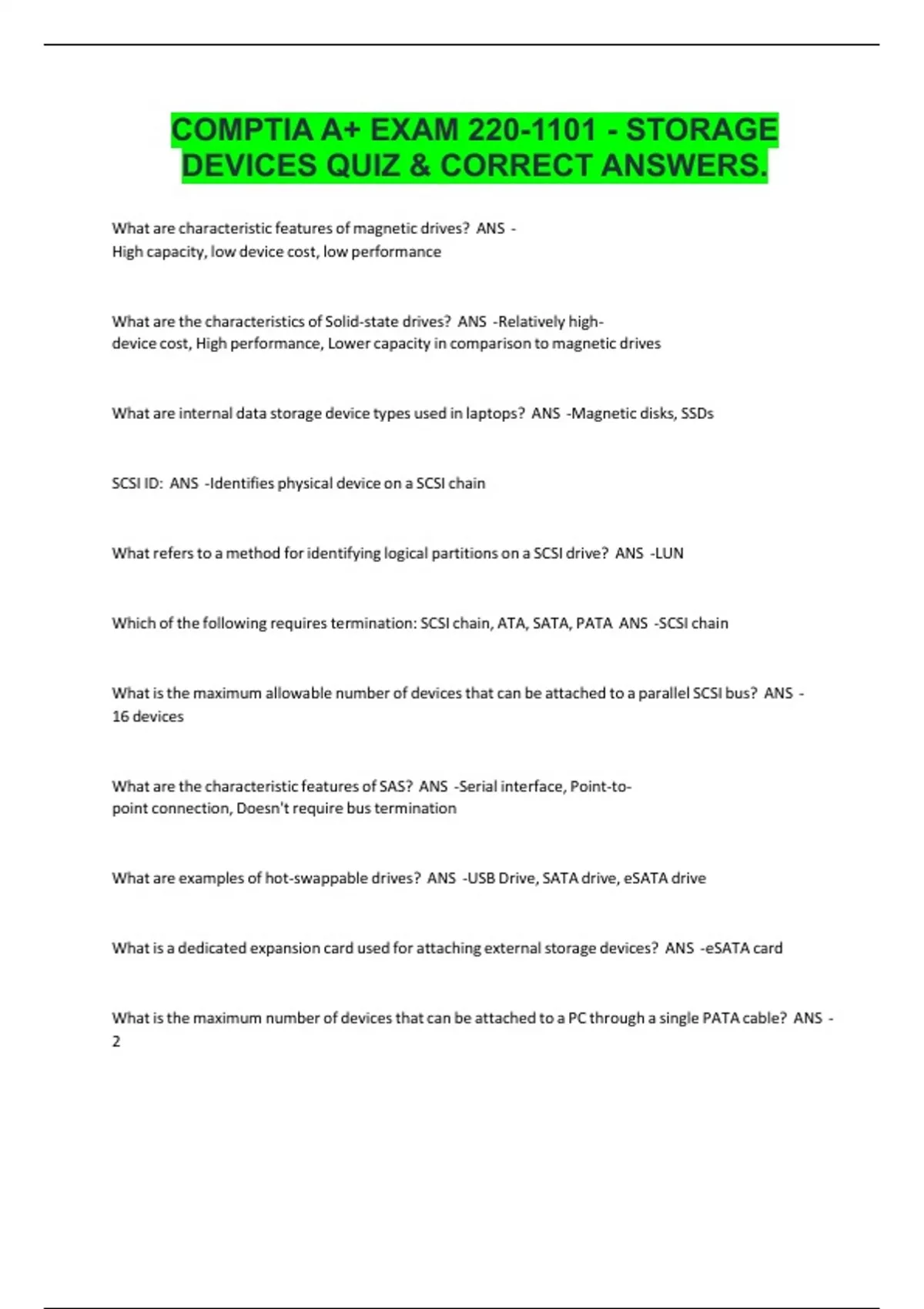 COMPTIA A+ EXAM 220-1101 - STORAGE DEVICES QUIZ & CORRECT ANSWERS ...