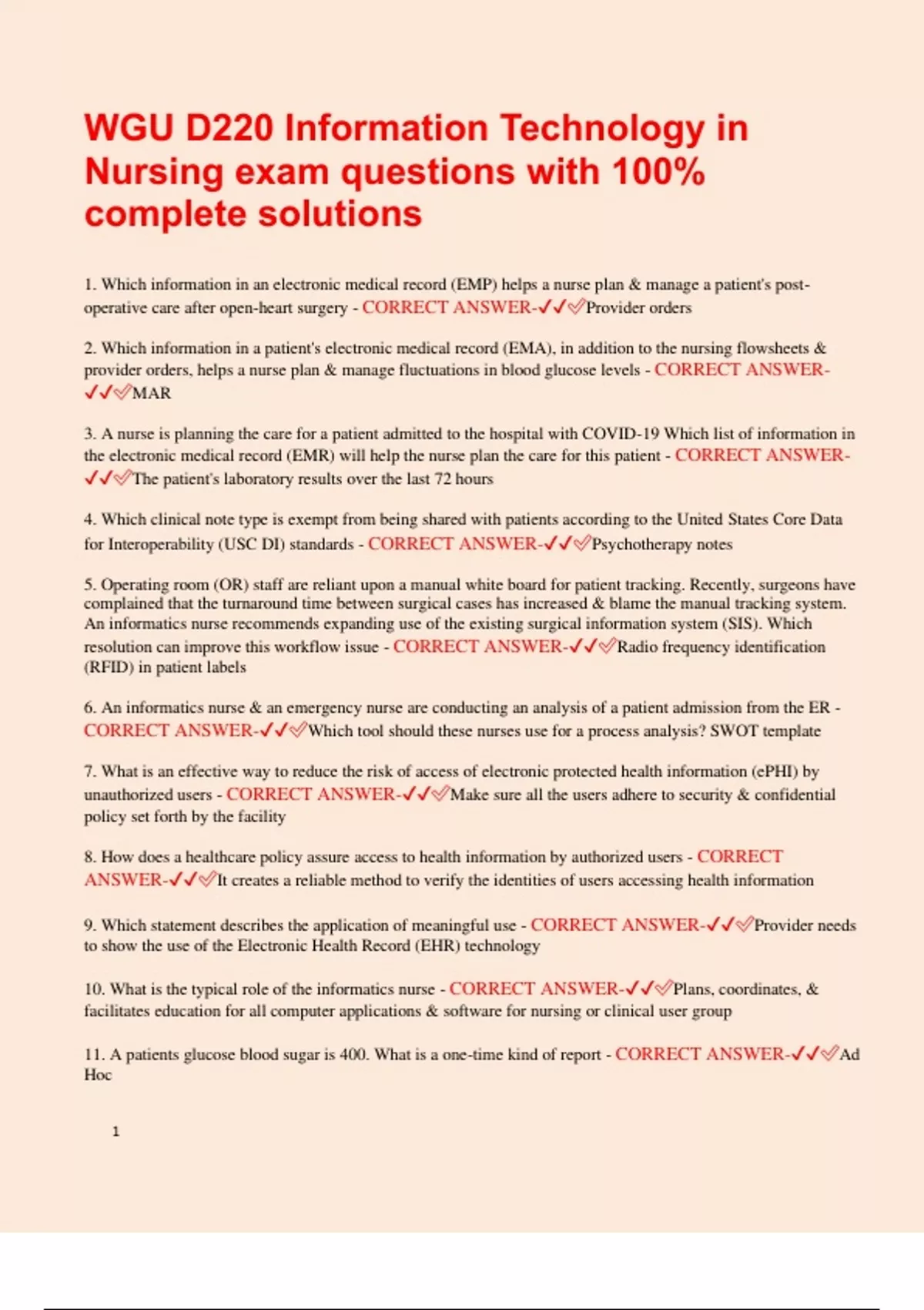 WGU D220 Information Technology in Nursing exam questions with 100 ...