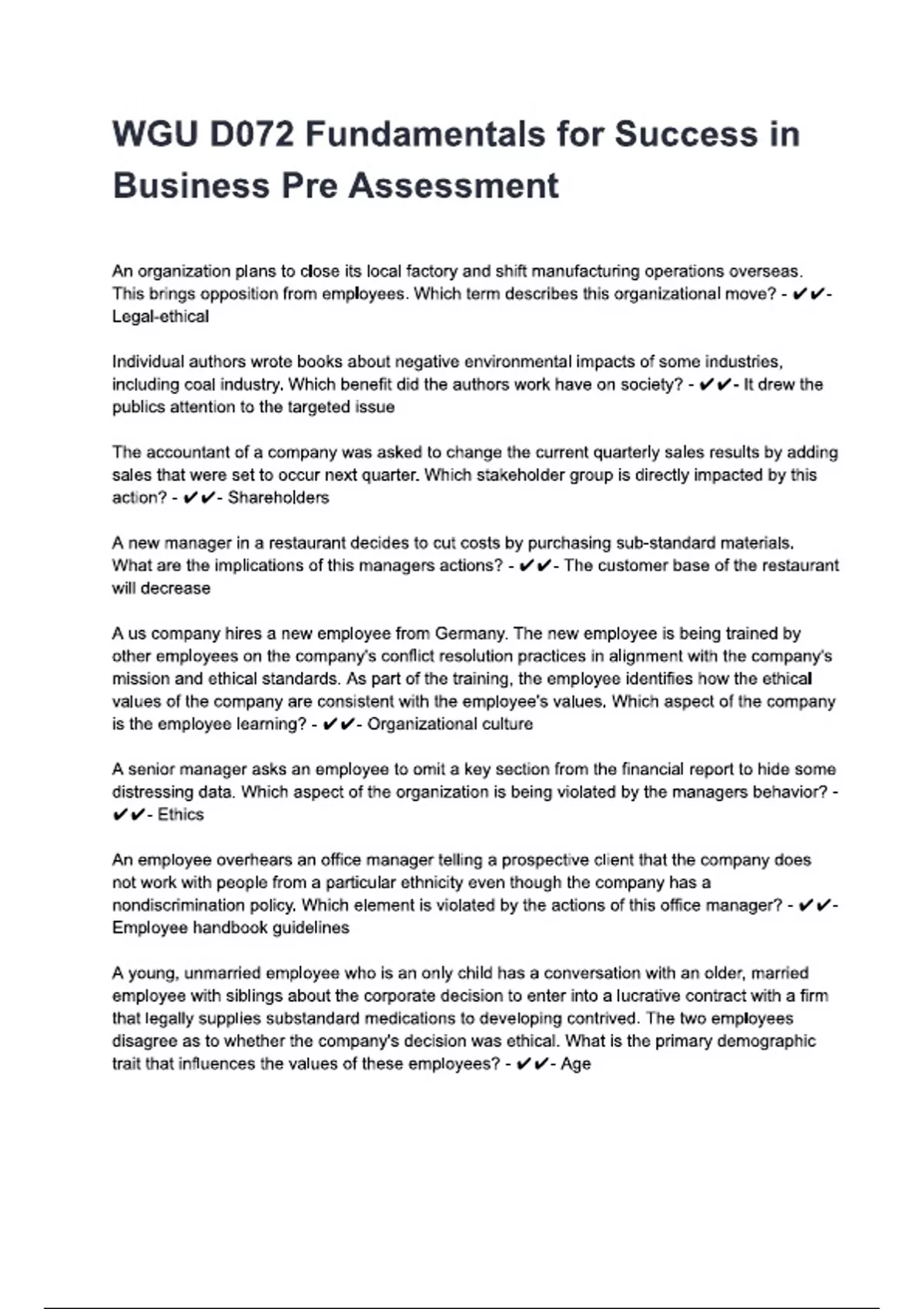 WGU D072 Fundamentals for Success in Business Pre Assessment (Latest ...