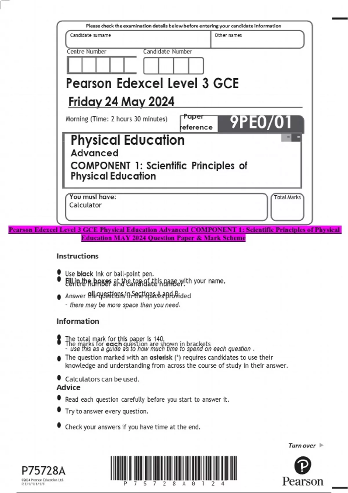 Pearson Edexcel Level 3 GCE Physical Education Advanced COMPONENT 1 ...