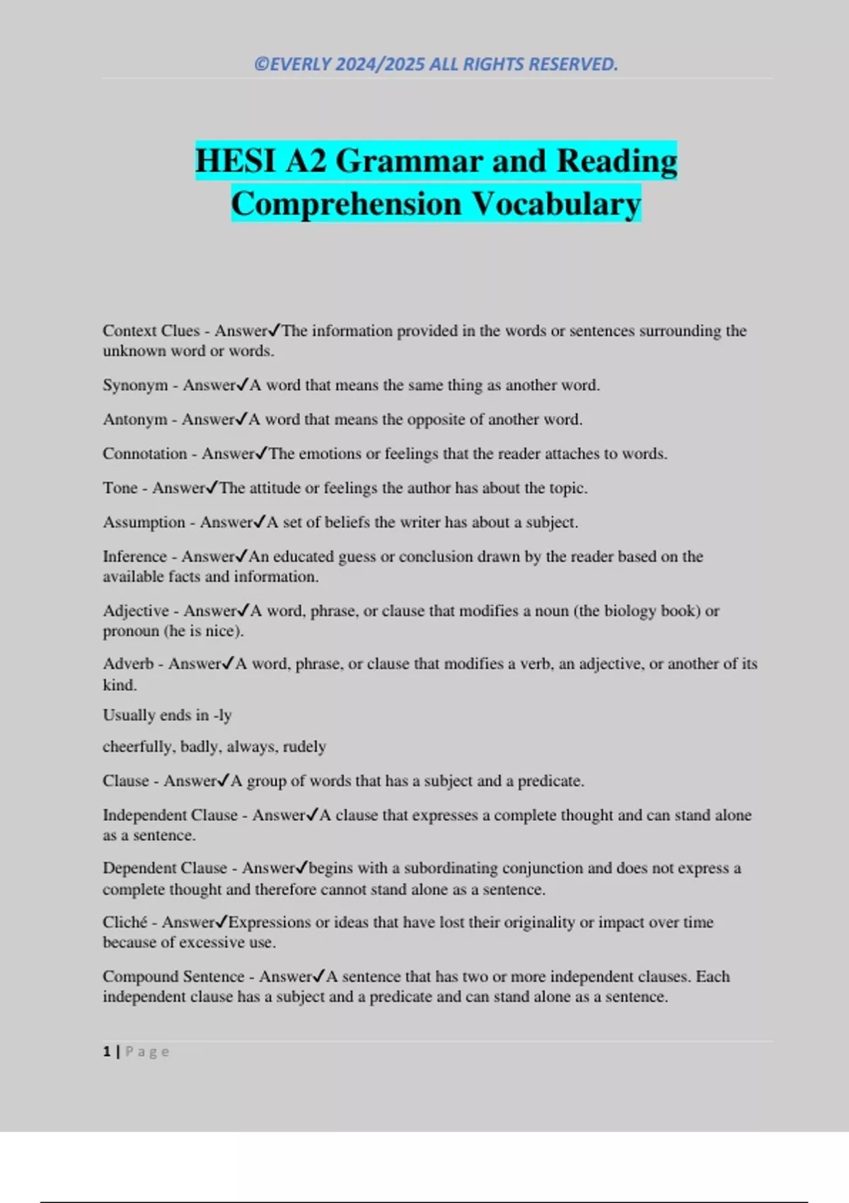 HESI A2 Grammar and Reading Comprehension Vocabulary - Hesi A2 - Stuvia US
