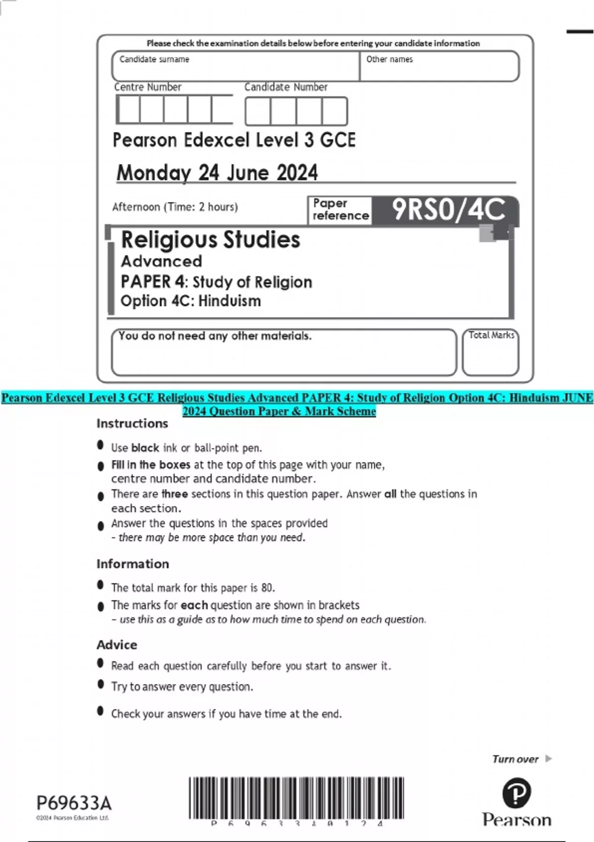 Pearson Edexcel Level 3 GCE Religious Studies Advanced PAPER 4: Study ...