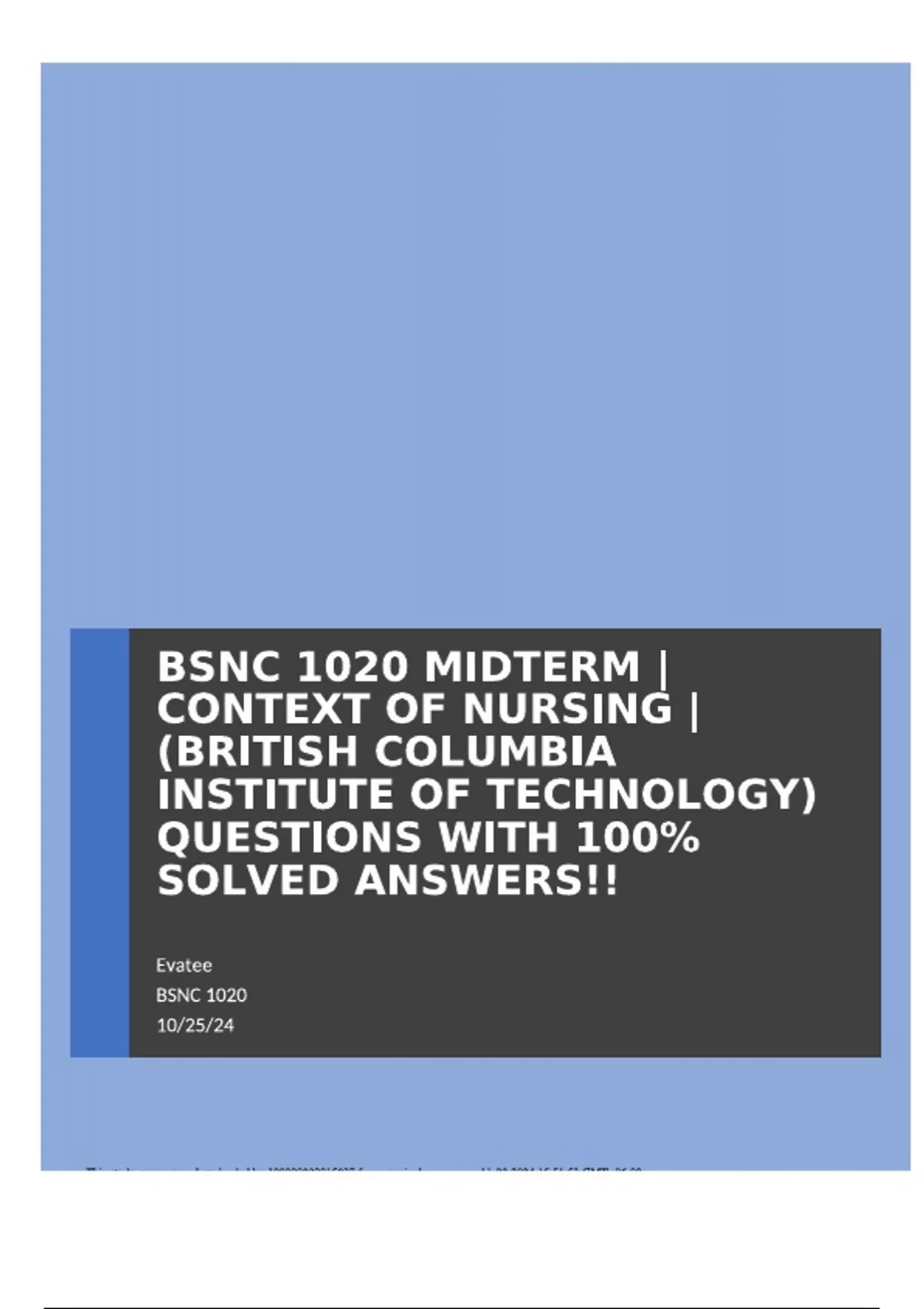 Comprehensive Guide to BSNC 1020 Midterm Nursing Concepts (Latest 2024/ ...