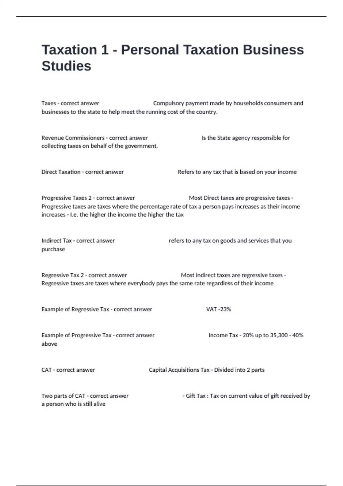 Taxation 1 - Personal Taxation Business Studies Exam With Correct ...