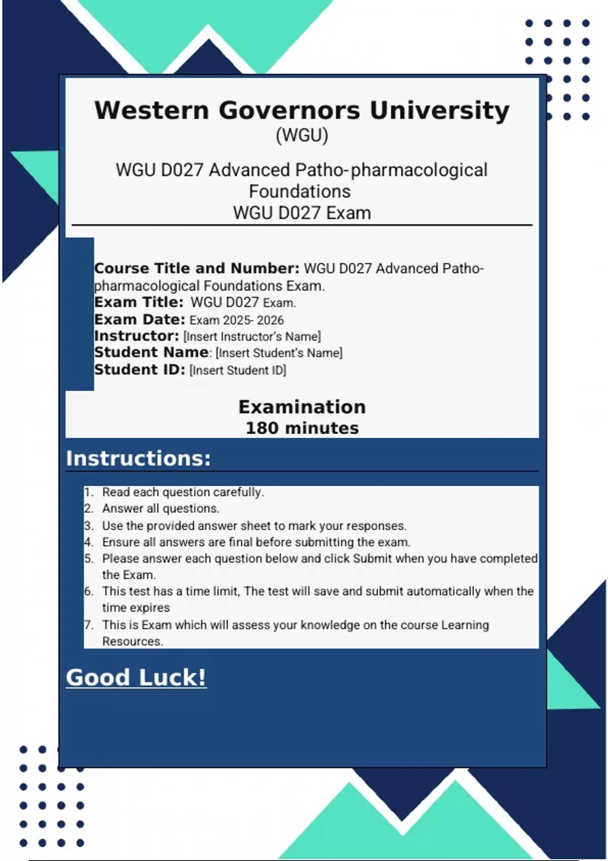 WGU D027 Advanced Patho-pharmacological Foundations WGU D027 Objective ...