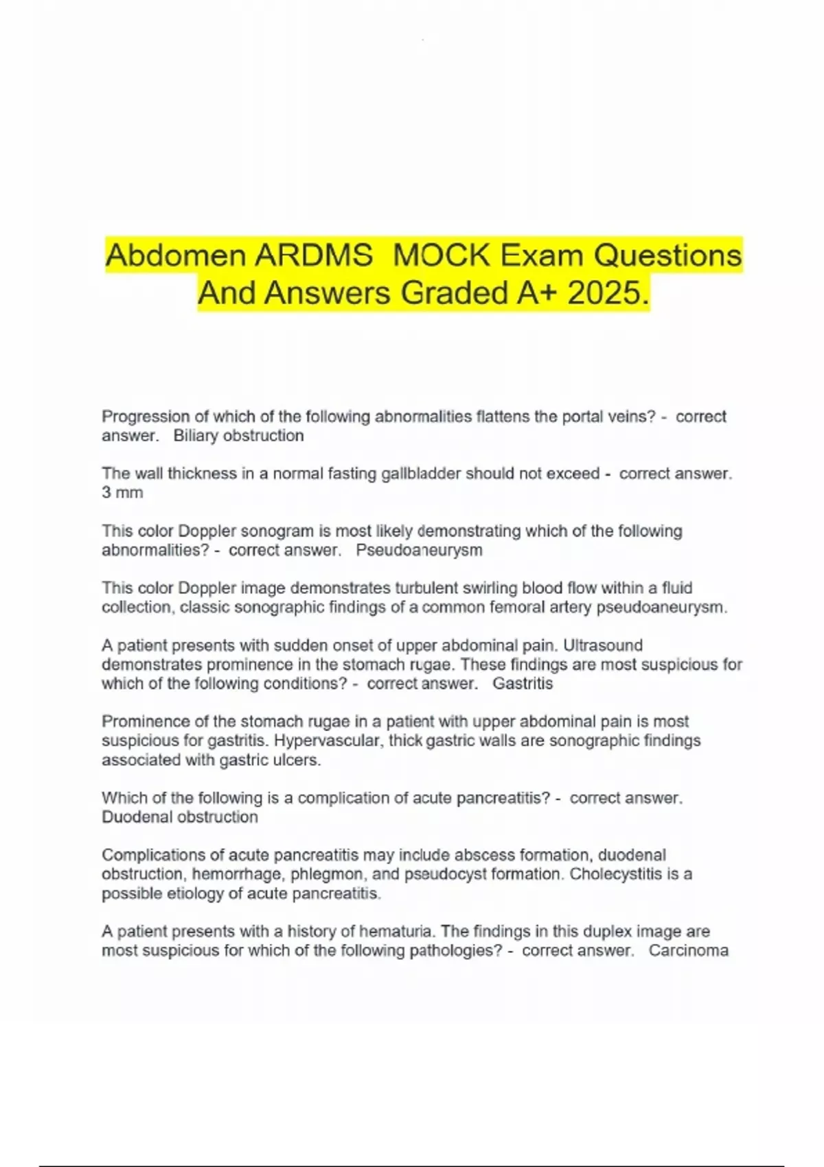 Abdomen ARDMS MOCK Exam Questions And Answers Graded A+ 2025. - Abdomen ...
