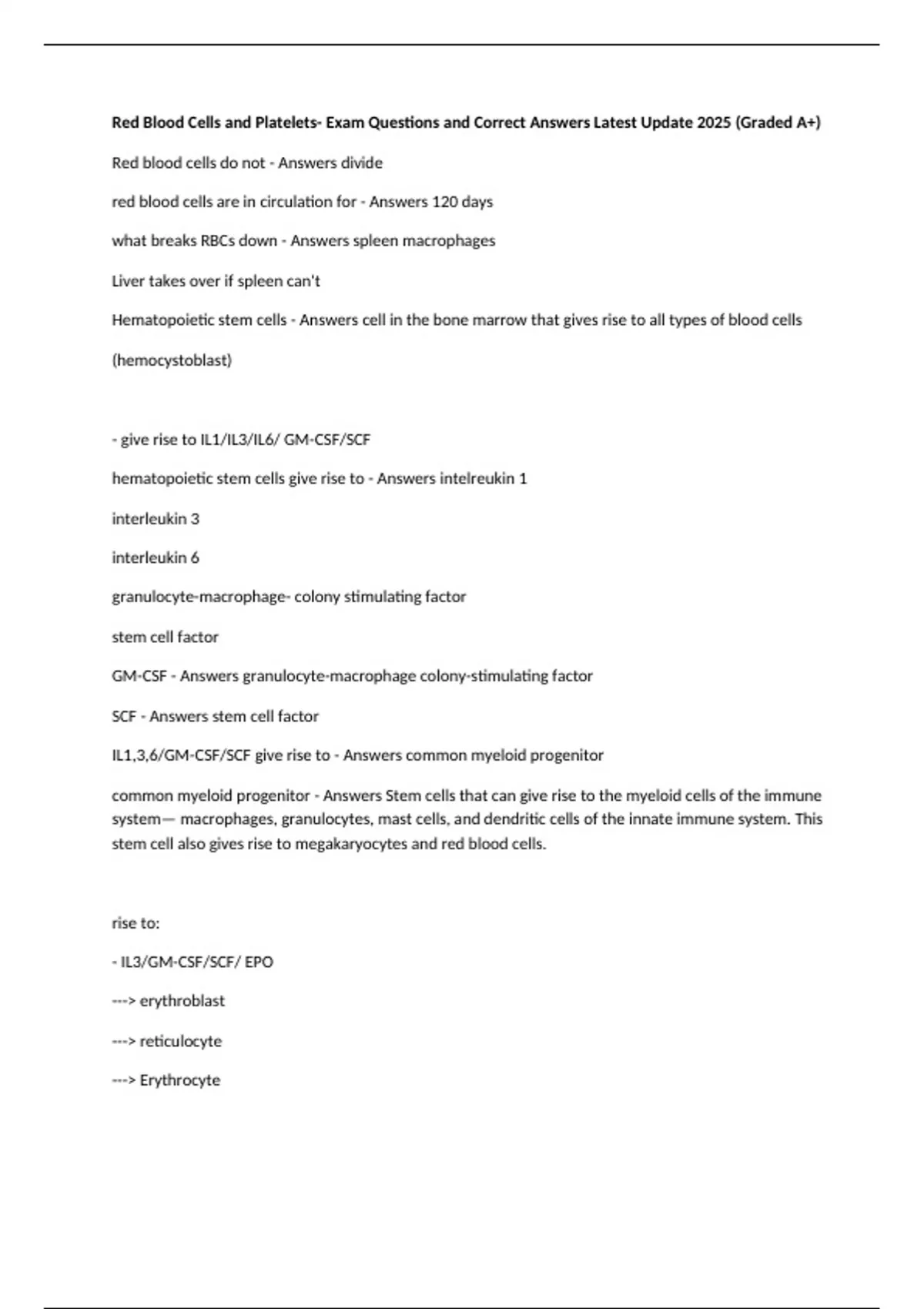 Red Blood Cells and Platelets- Exam Questions and Correct Answers ...