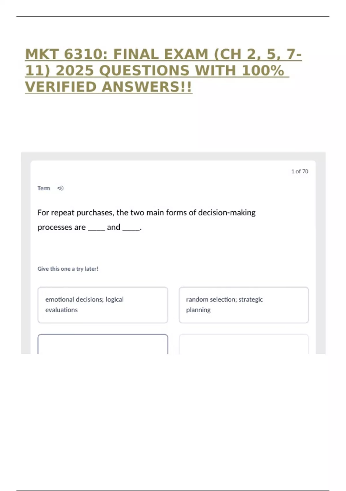 MKT 6310: FINAL EXAM (CH 2, 5, 7-11) 2025 QUESTIONS WITH 100% VERIFIED ANSWERS!! - MKT 6310 ...