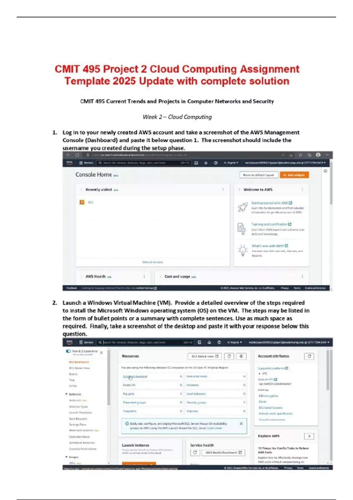 CMIT 495 Project 2 Cloud Computing Assignment Template 2025 Update with complete solution - CMIT ...