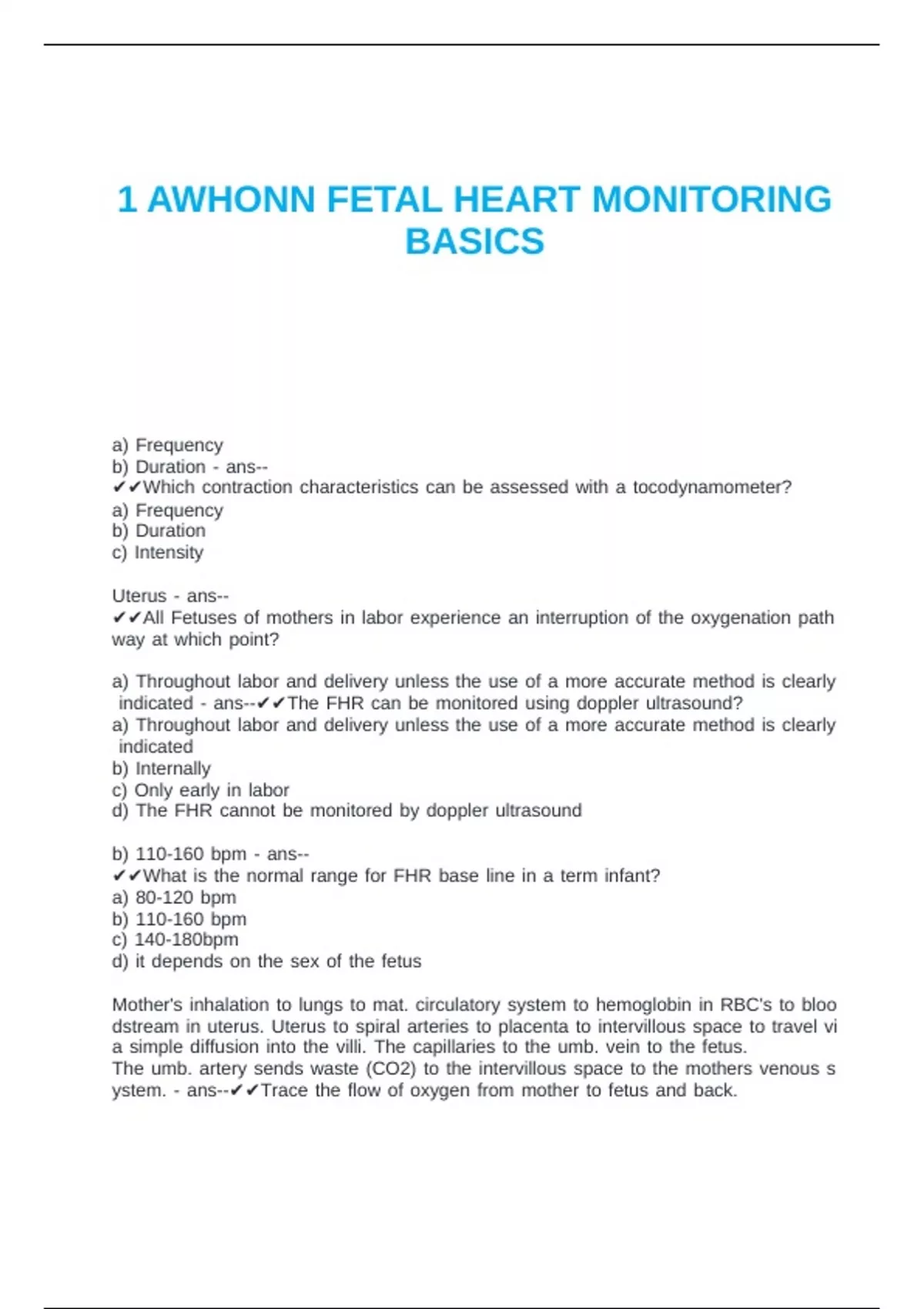 1 AWHONN FETAL HEART MONITORING BASICS - AWHONN - Stuvia US