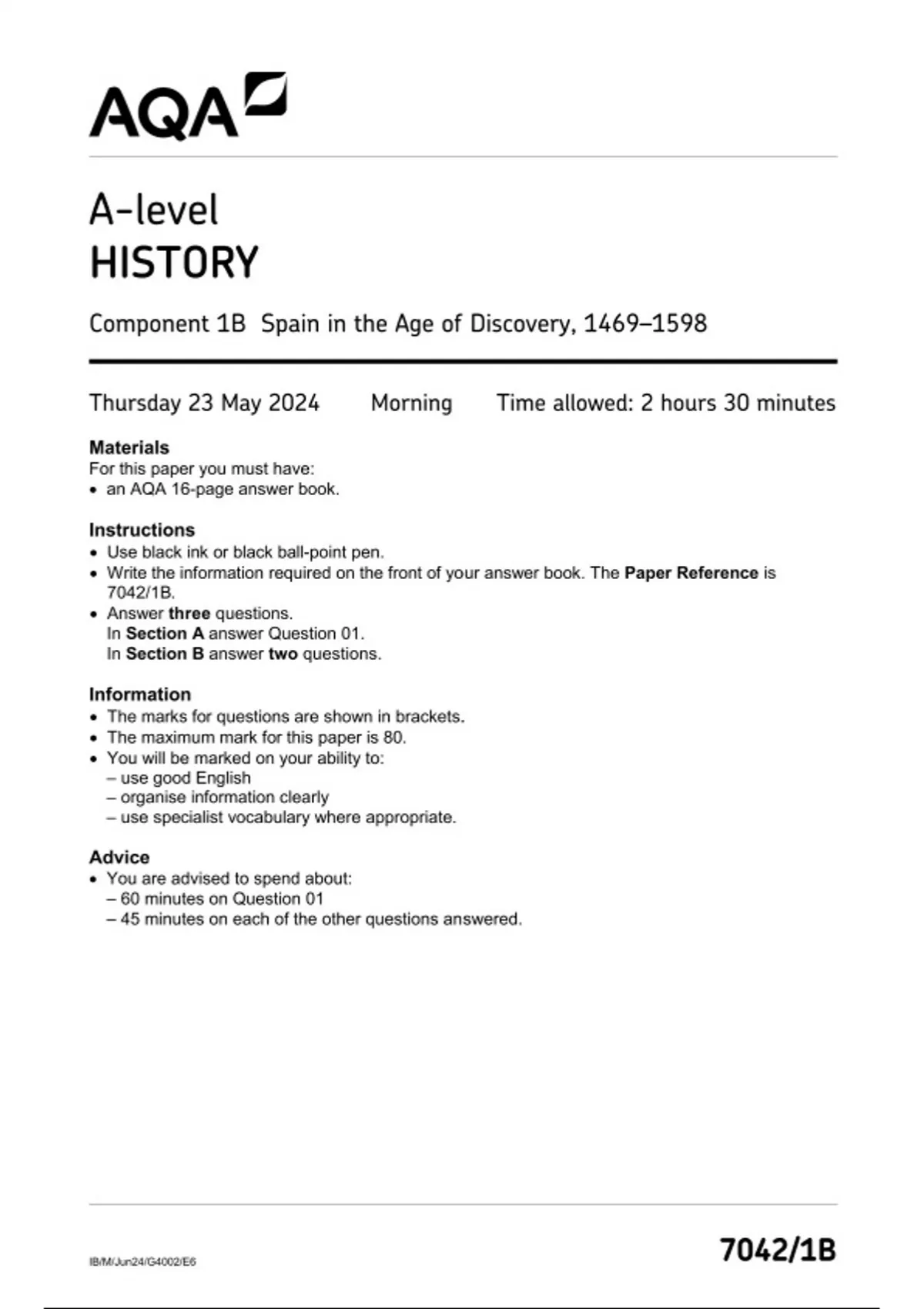 AQA A-level HISTORY Component 1B JUNE 2024 QUESTION PAPER: Spain in the ...
