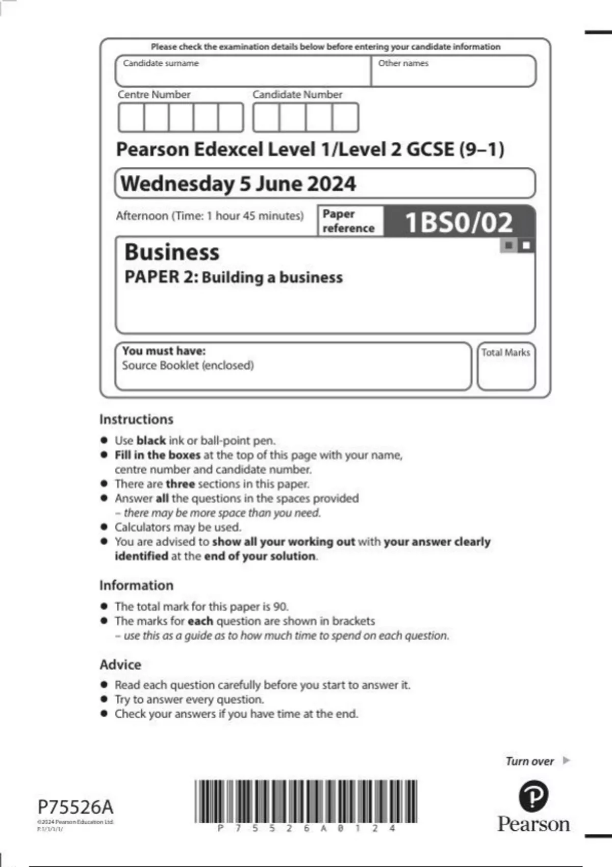 Pearson Edexcel Level 1/Level 2 GCSE (9–1) 1bs0-02 Business PAPER 2 ...